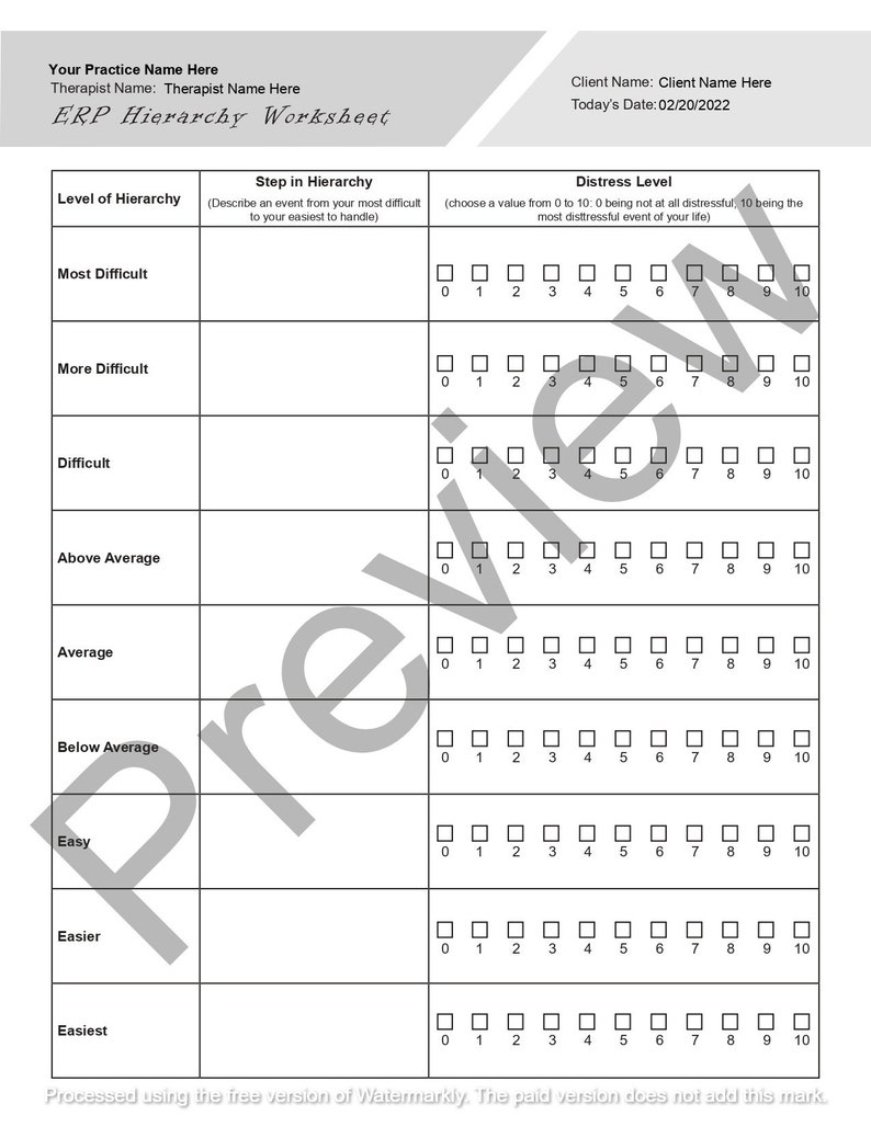 ERP Hierarchy Worksheet Editable / Fillable PDF Template for Counselors ...