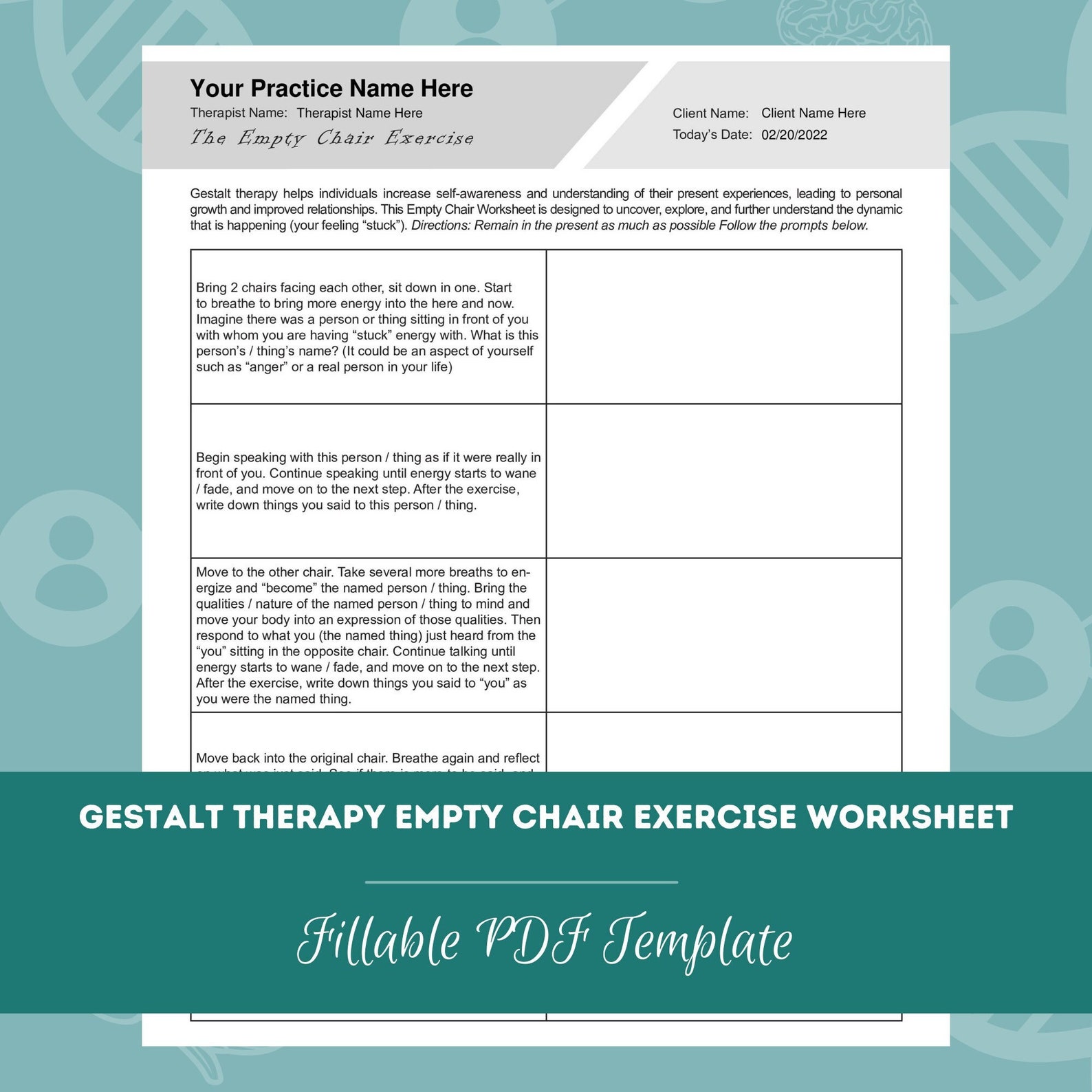 Gestalt Therapy Empty Chair Exercise Worksheet | Editable / Fillable ...