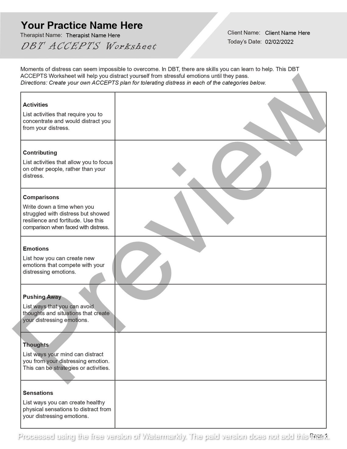 DBT ACCEPTS Worksheet | Editable / Fillable PDF Template | for ...