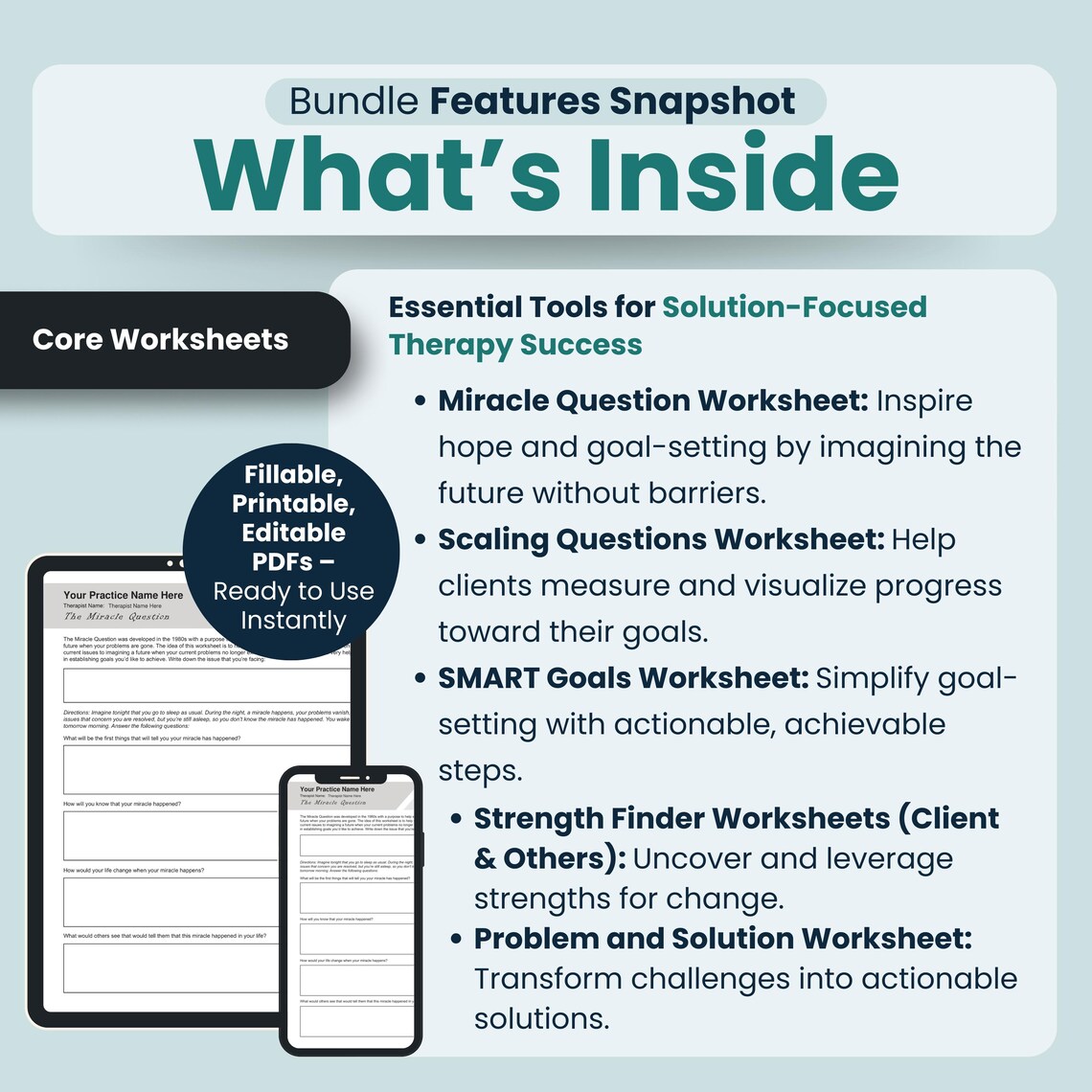 Solution Focused Therapy Worksheets Bundle, 20 Fillable/printable PDF ...