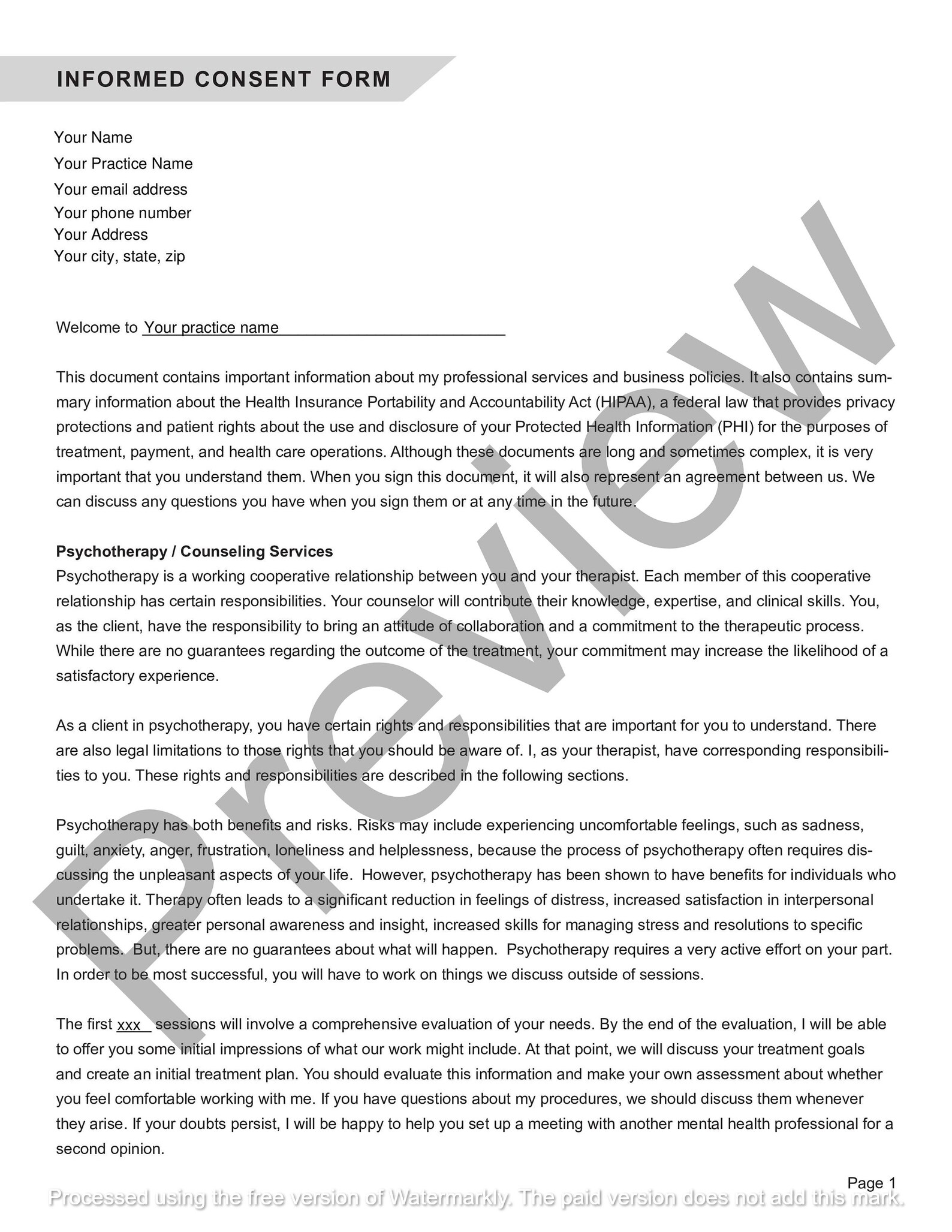 Informed Consent Form for Counseling | Editable / Fillable PDF Template ...