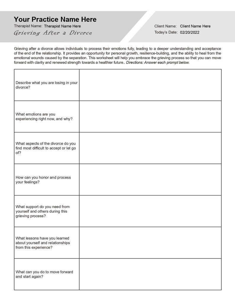Grieving After a Divorce Worksheet | Editable / Printable / Fillable ...