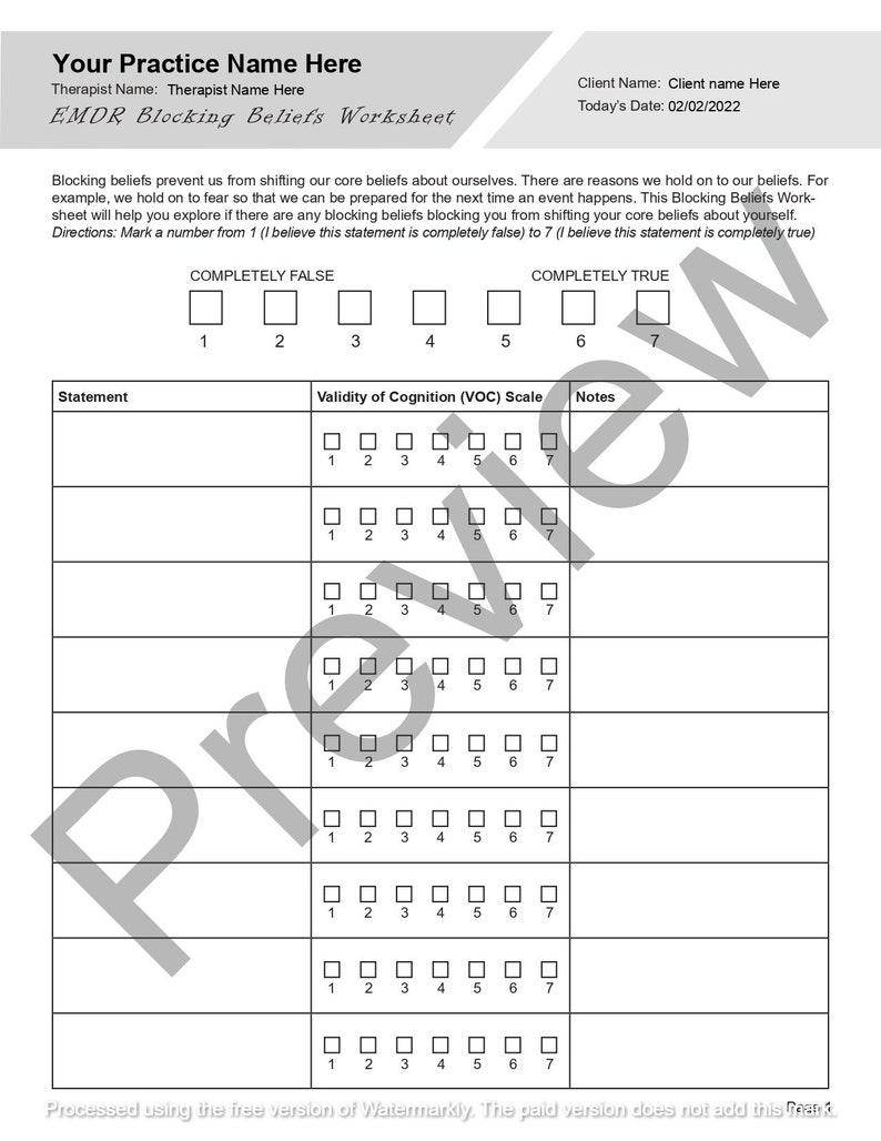 EMDR Blocking Beliefs Worksheet | Editable / Fillable PDF Template ...