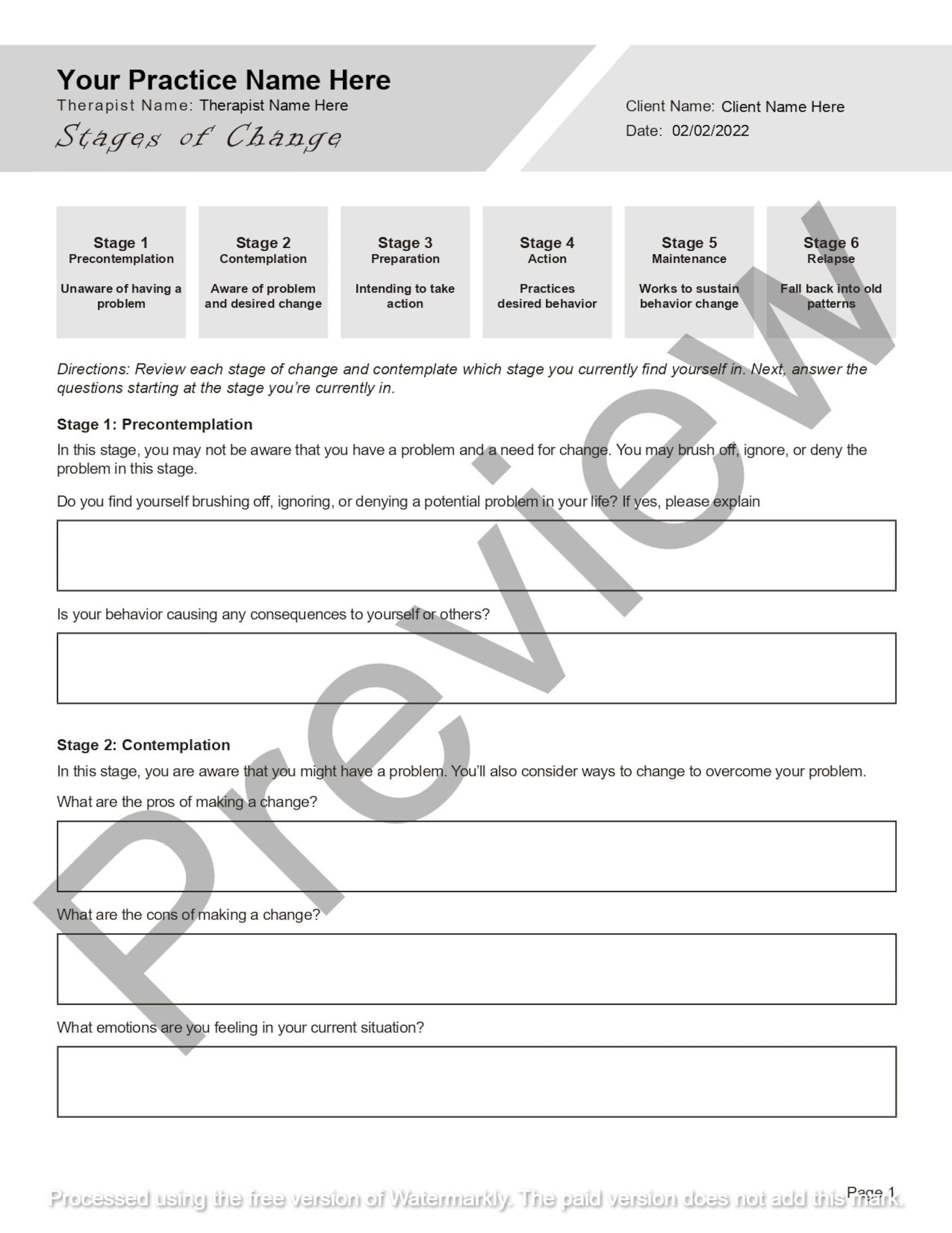 Stages of Change Worksheet | Editable / Fillable PDF Template | for ...