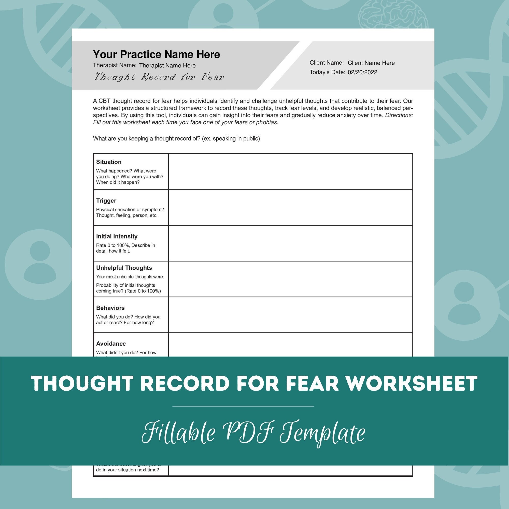 Thought Record for Fear Worksheet | Editable / Fillable PDF | for ...