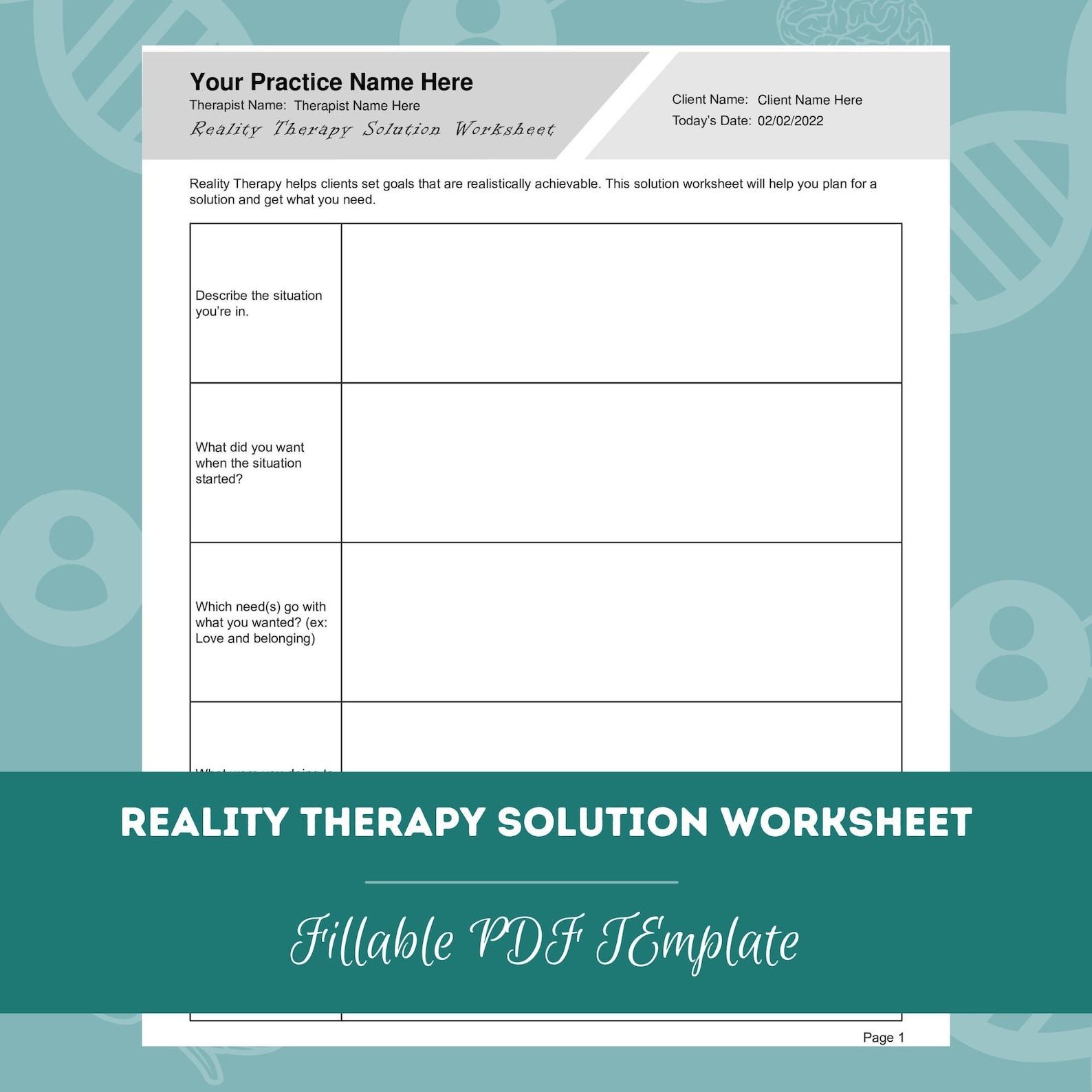 Reality Therapy Solution Worksheet | Editable / Fillable PDF Template ...