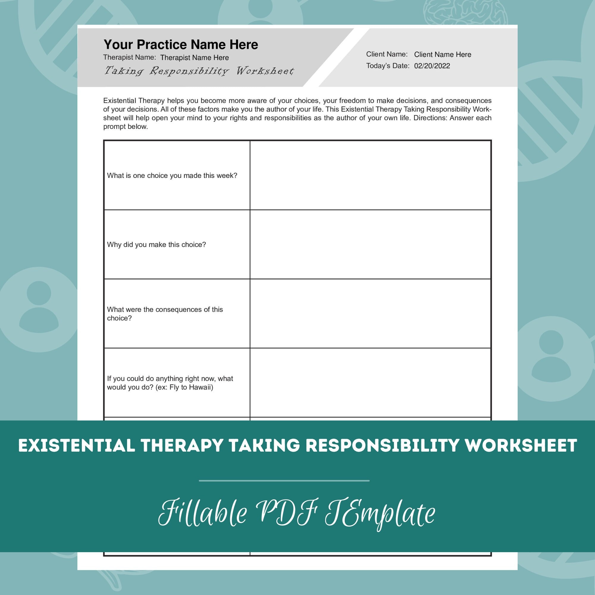 Existential Therapy Taking Responsibility Worksheet PDF | Editable ...