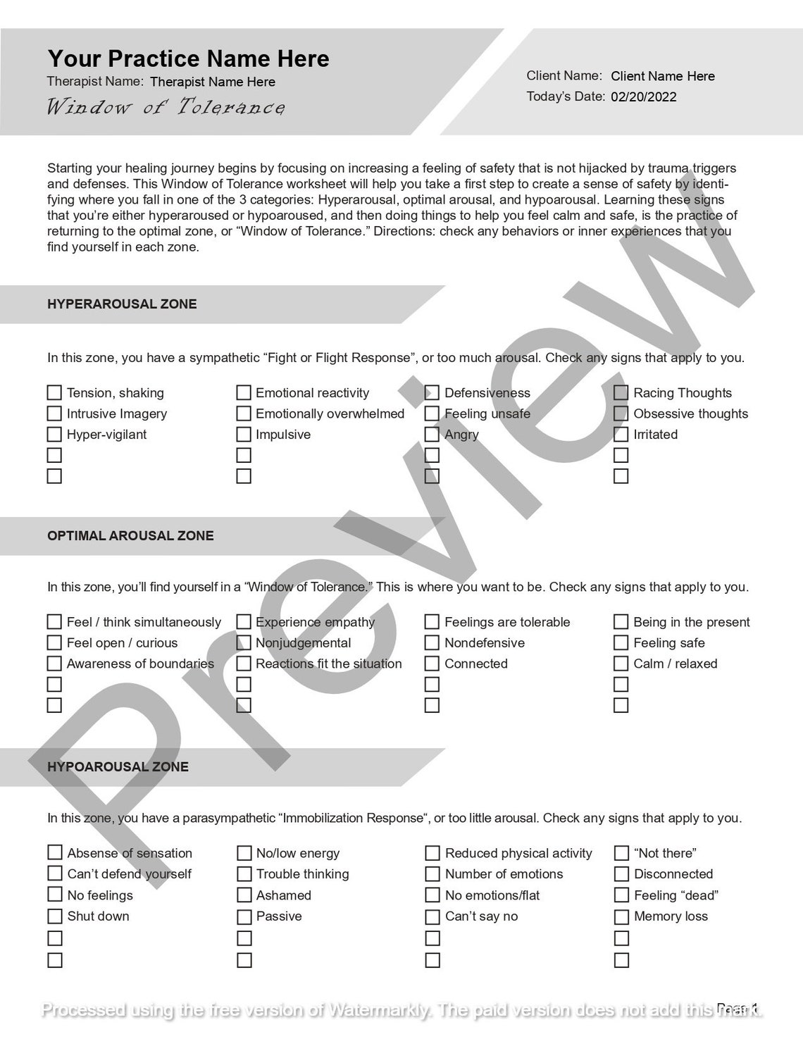 EMDR Window of Tolerance Worksheet | Editable / Fillable PDF Template ...