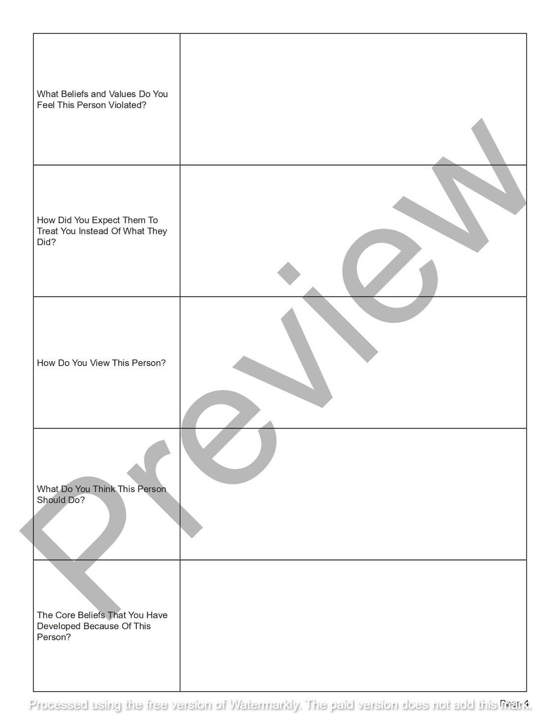 Letting Go of Resentment Worksheet Editable / Fillable PDF Template for ...
