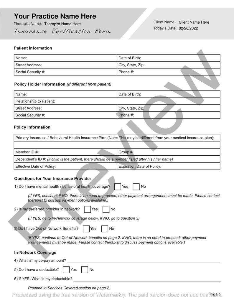 Insurance Verification Form for Mental Health | Editable / Fillable ...