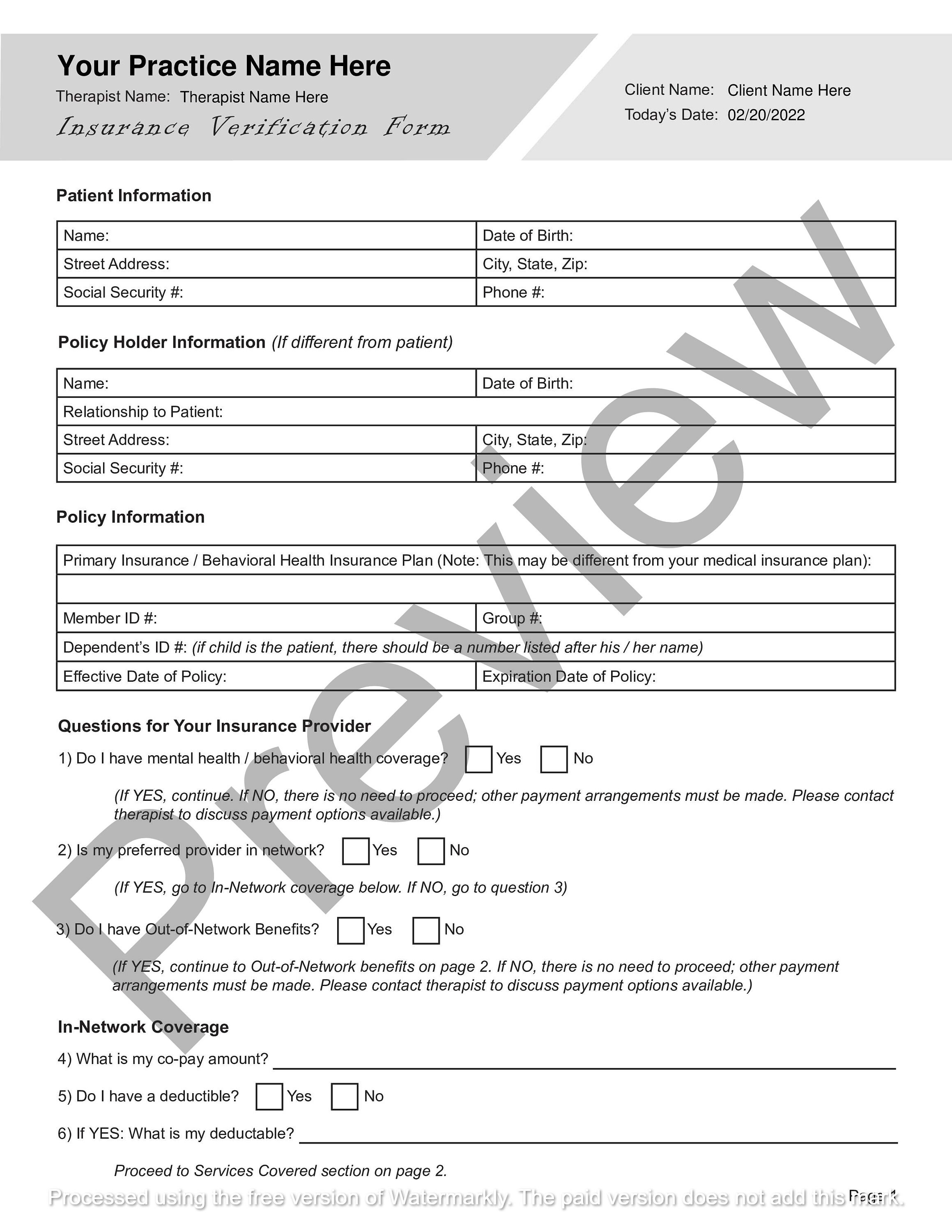 Insurance Verification Form for Mental Health | Editable / Fillable ...