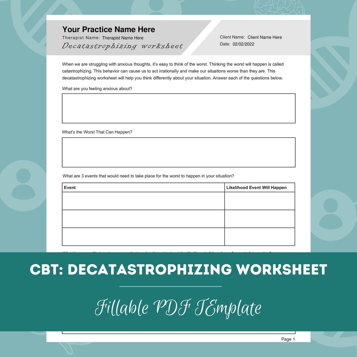 CBT: Decatastrophizing Worksheet | Editable / Fillable PDF | for ...