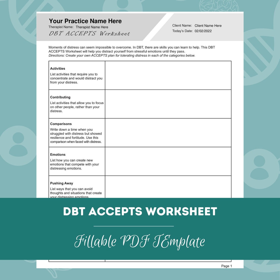 DBT ACCEPTS Worksheet | Editable / Fillable PDF Template | for ...