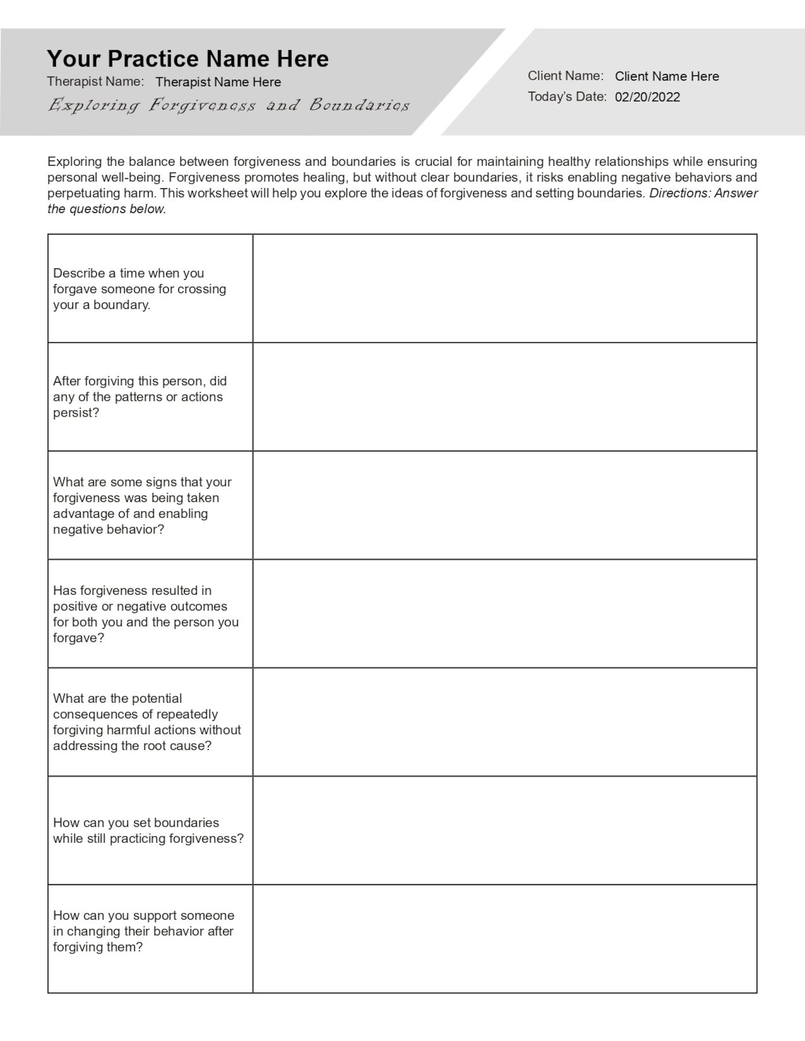 Exploring Forgiveness and Boundaries Worksheet | Editable / Fillable ...