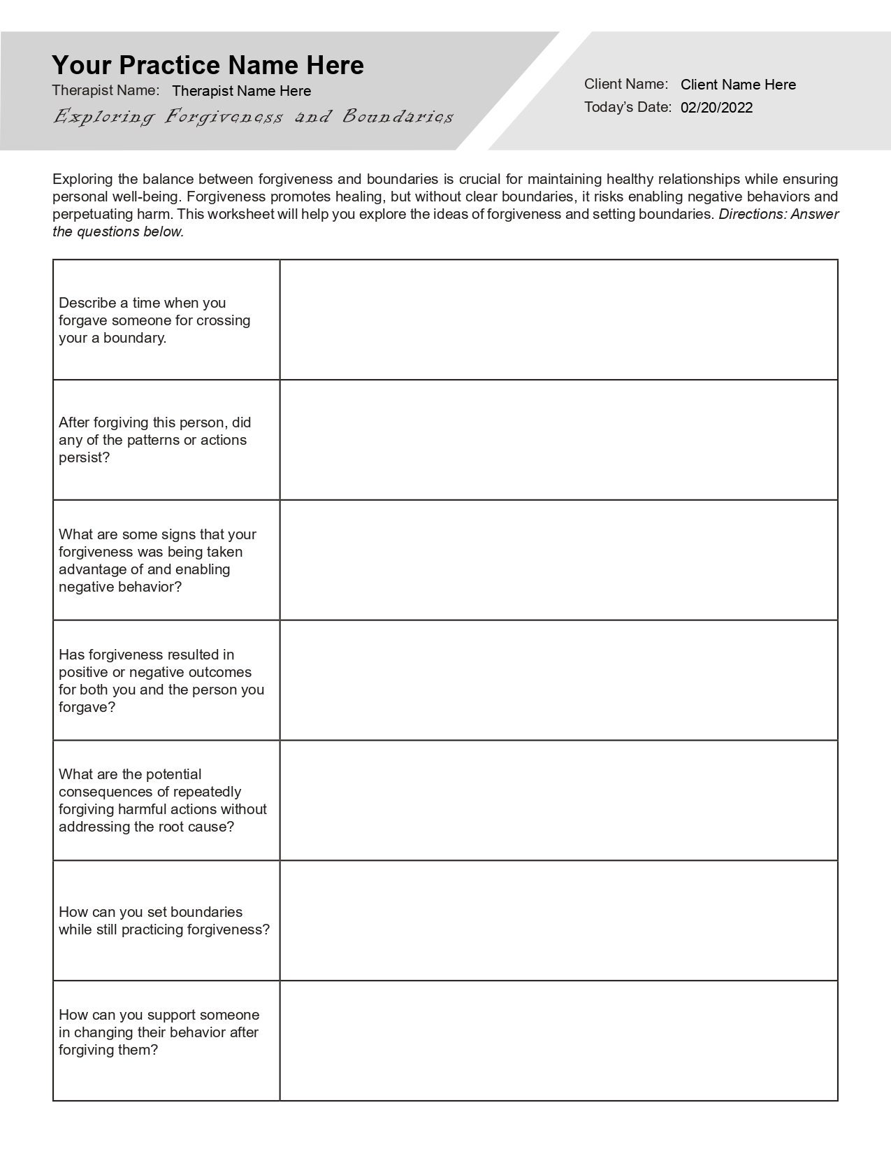 Exploring Forgiveness and Boundaries Worksheet | Editable / Fillable / Printable PDF ...