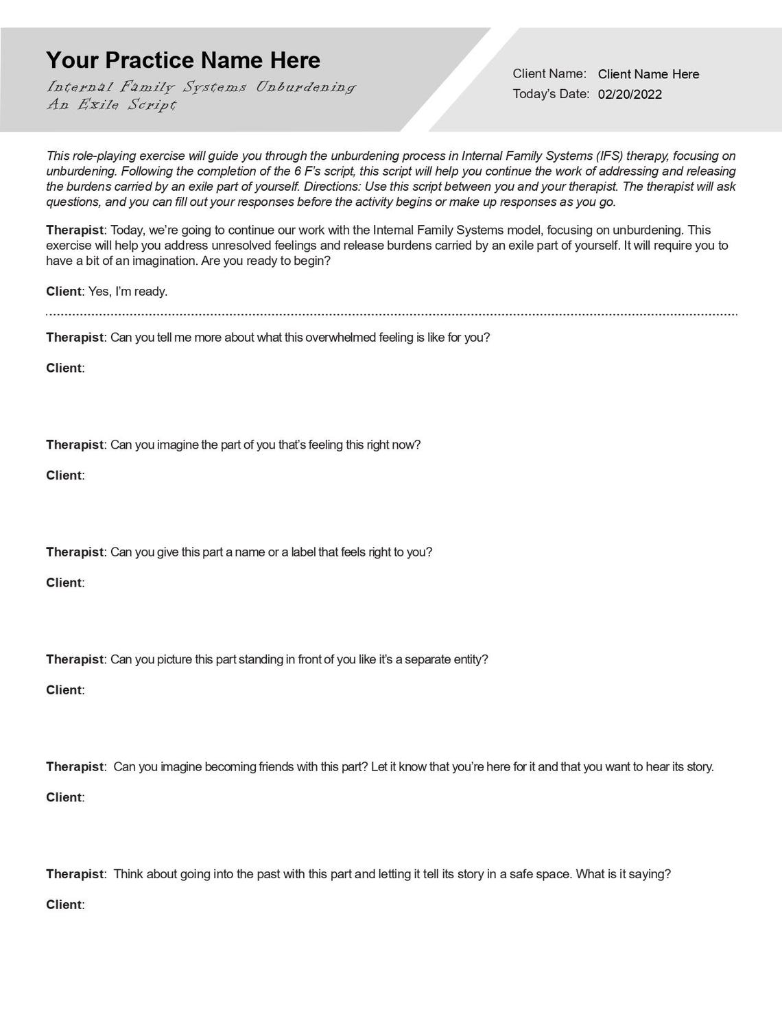Internal Family Systems Unburdening an Exile Script Worksheet ...