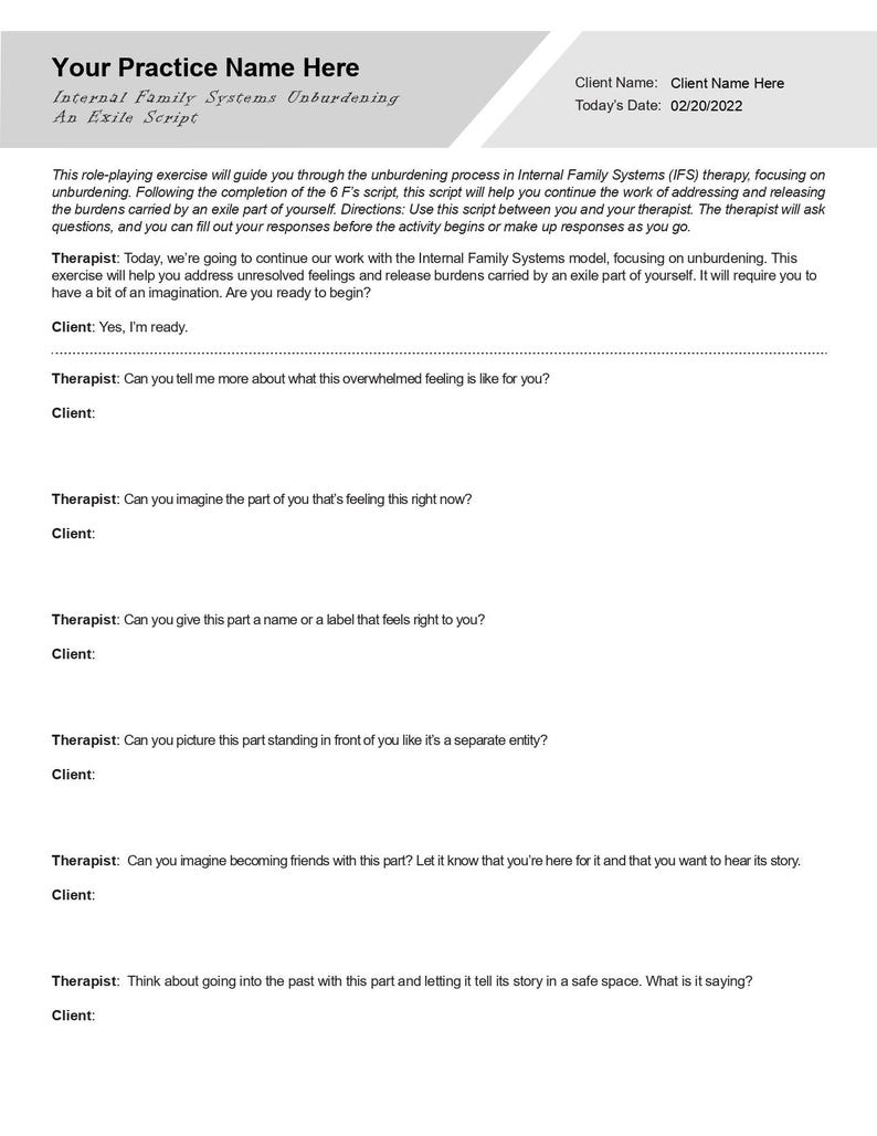 Internal Family Systems Unburdening an Exile Script Worksheet ...