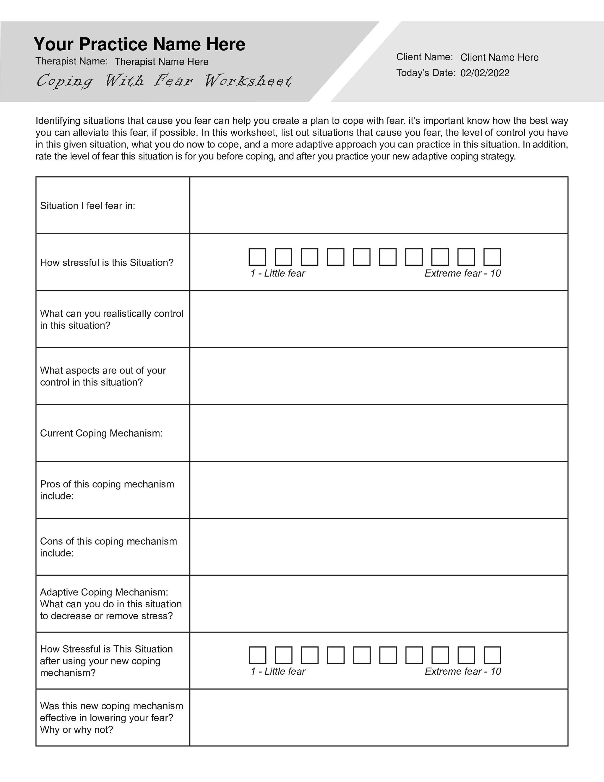 Coping With Fear Worksheet | Editable / Fillable PDF | for Counselors ...