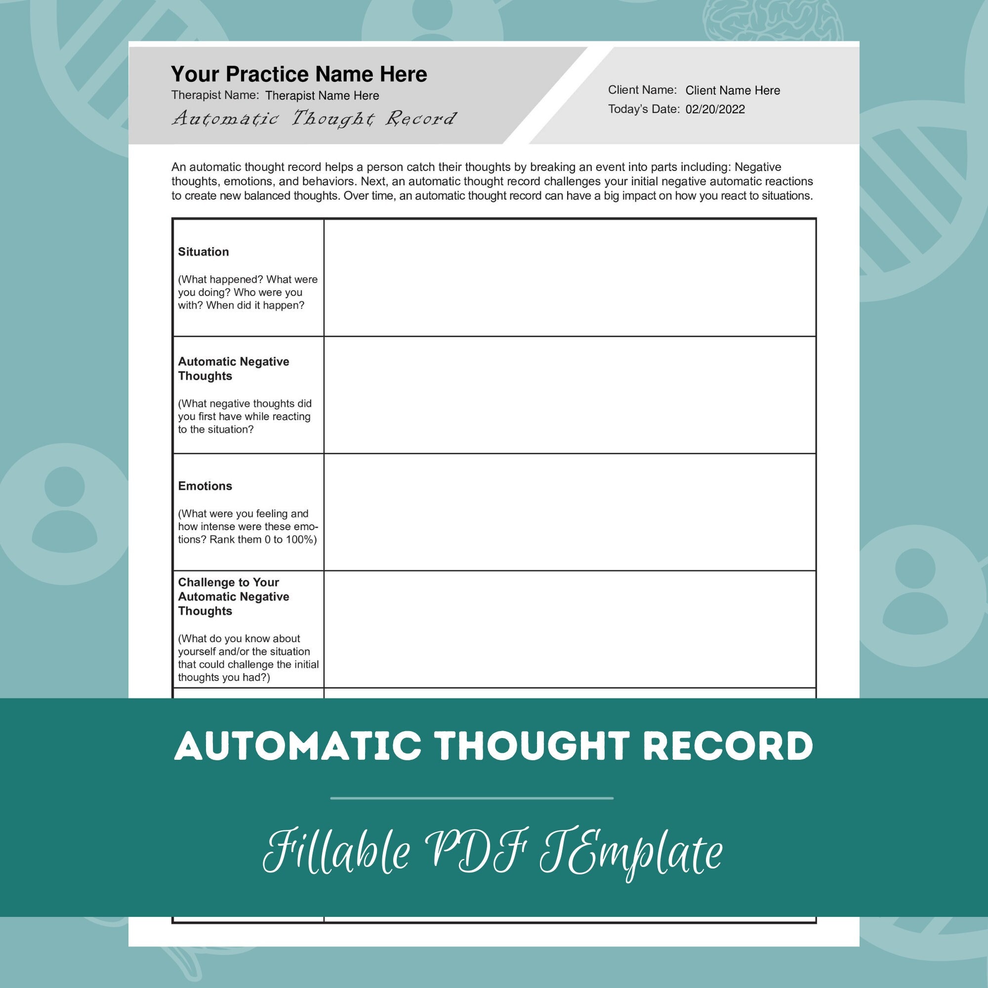 Automatic Thought Record | Editable / Fillable PDF Template | for ...