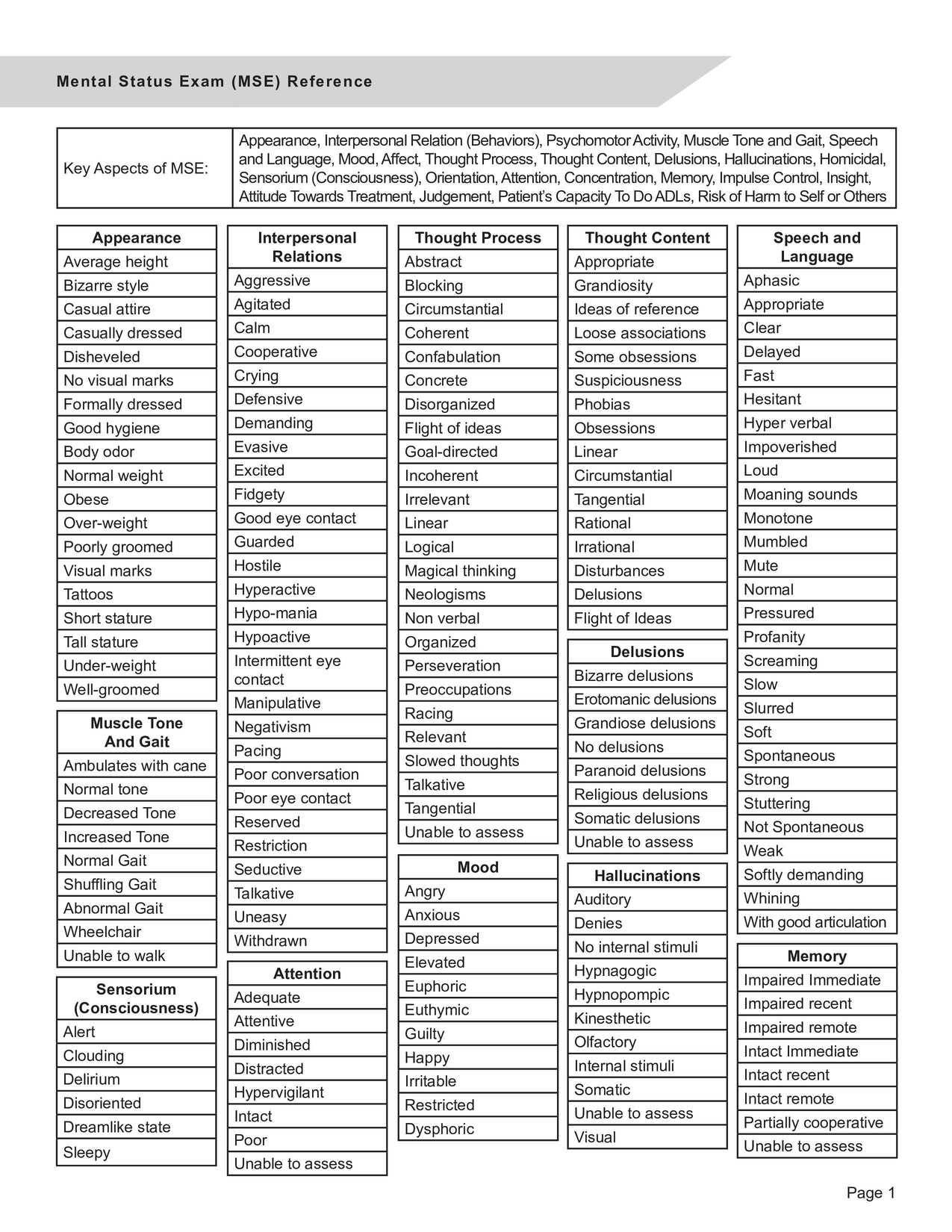 Mental Status Exam Cheat Sheet, MSE Cheat Sheet, Fillable/printable PDF ...