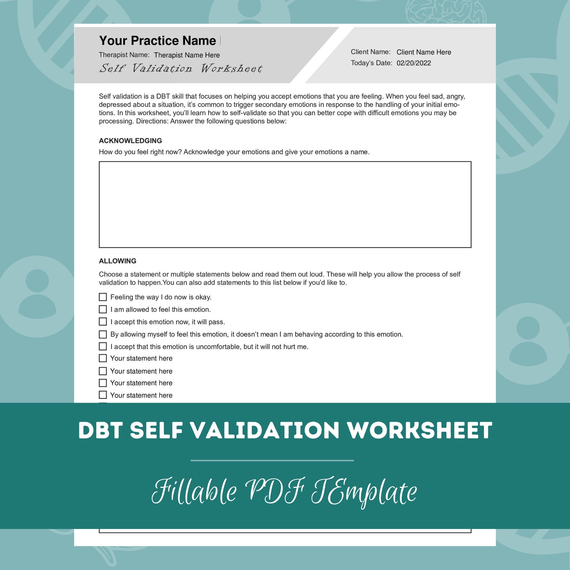 DBT Self Validation Worksheet Editable Fillable PDF Etsy