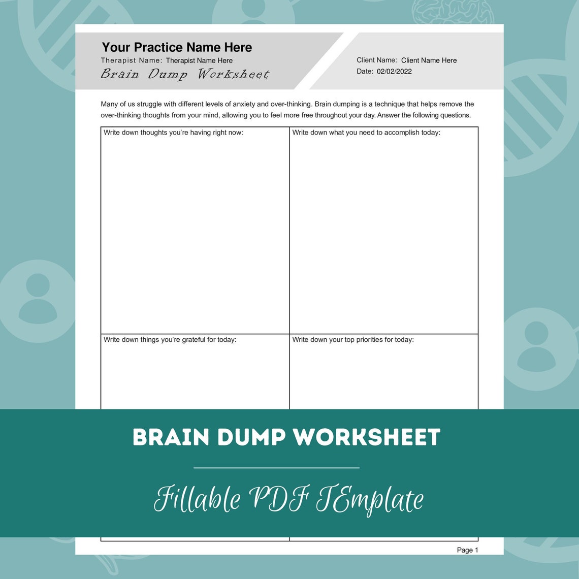 Brain Dump Worksheet Editable / Fillable PDF Template for Counselors ...