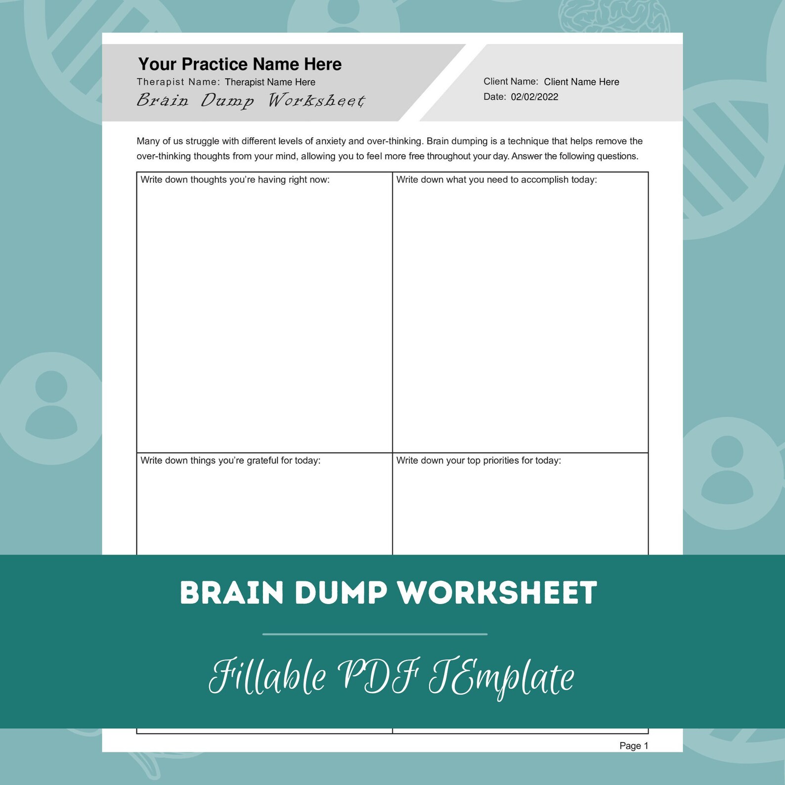 Brain Dump Worksheet Editable / Fillable PDF Template for Counselors ...