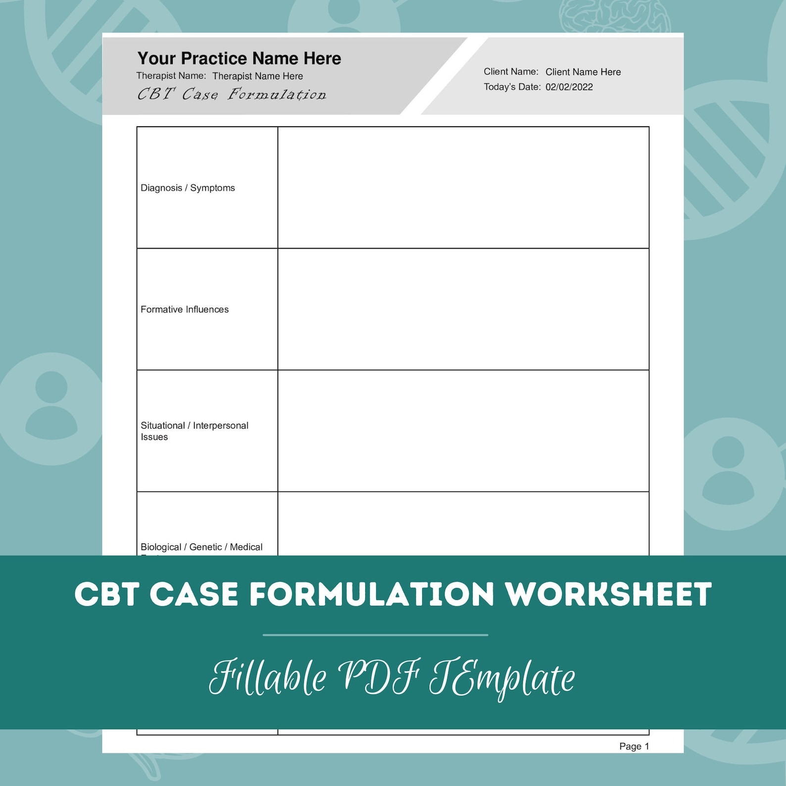 CBT Case Formulation Worksheet PDF Template | Editable / Fillable PDF ...