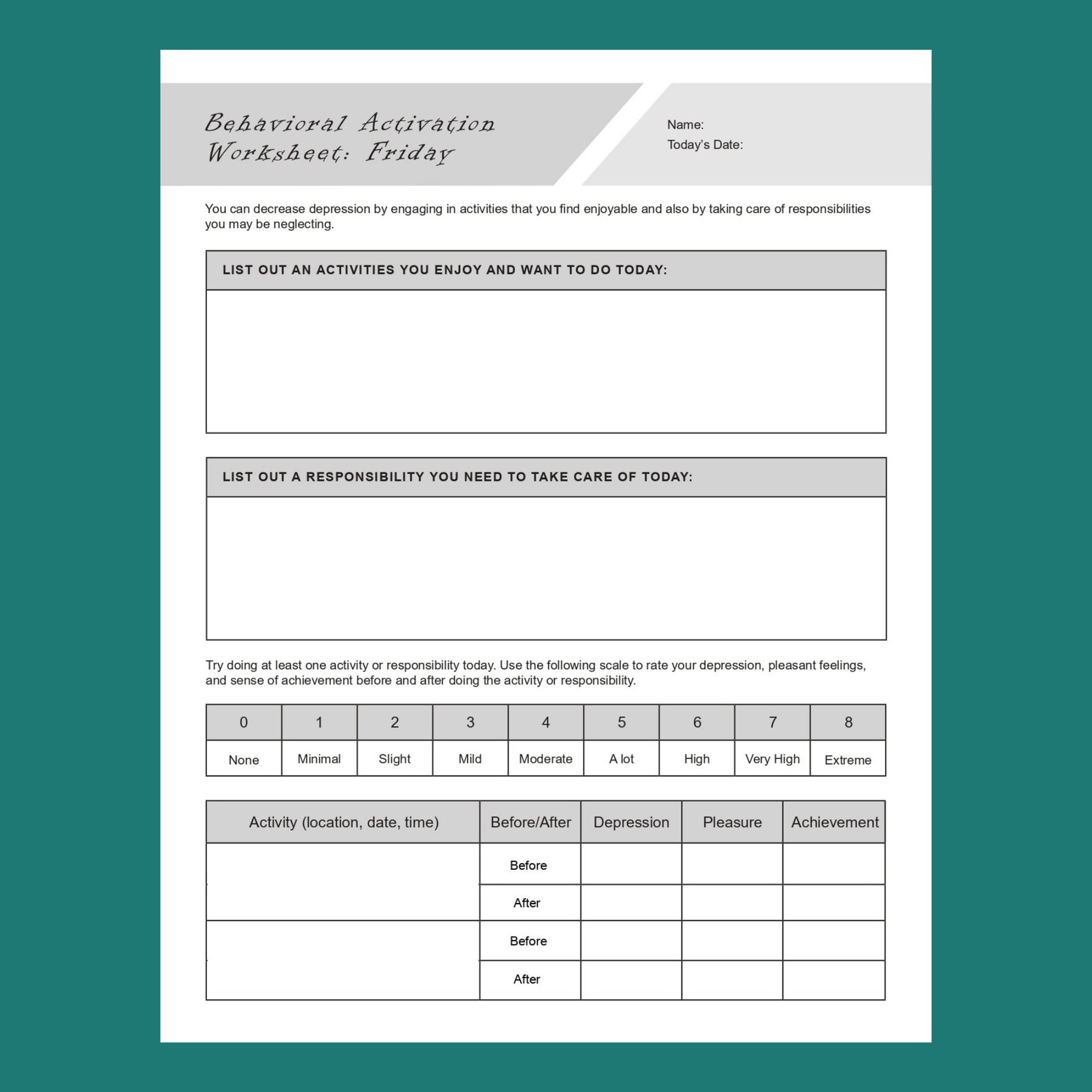 CBT: Behavioral Activation Worksheet | Editable / Fillable PDF | for ...