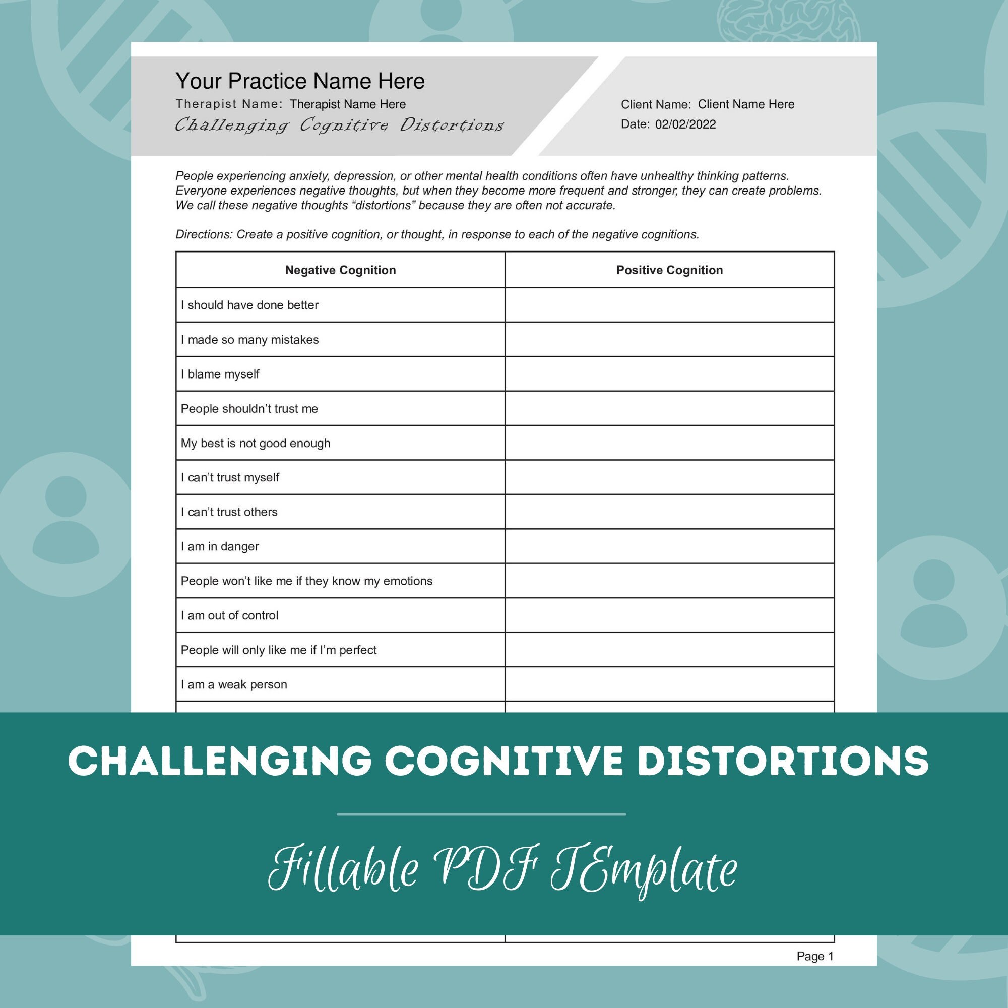 Challenging Cognitive Distortions Worksheet | Editable / Fillable PDF ...