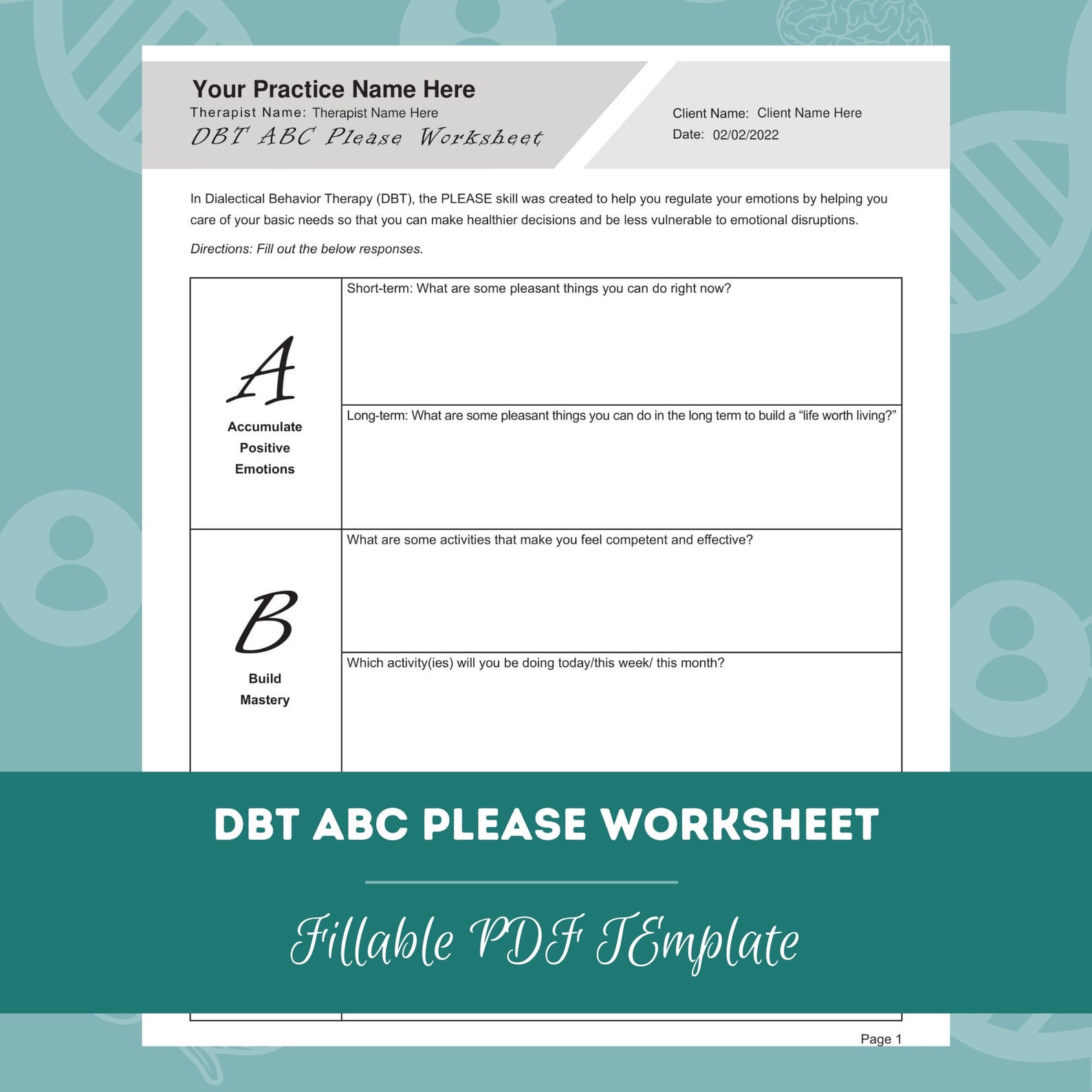 DBT ABC Please Worksheet | Editable / Fillable PDF Template | for ...