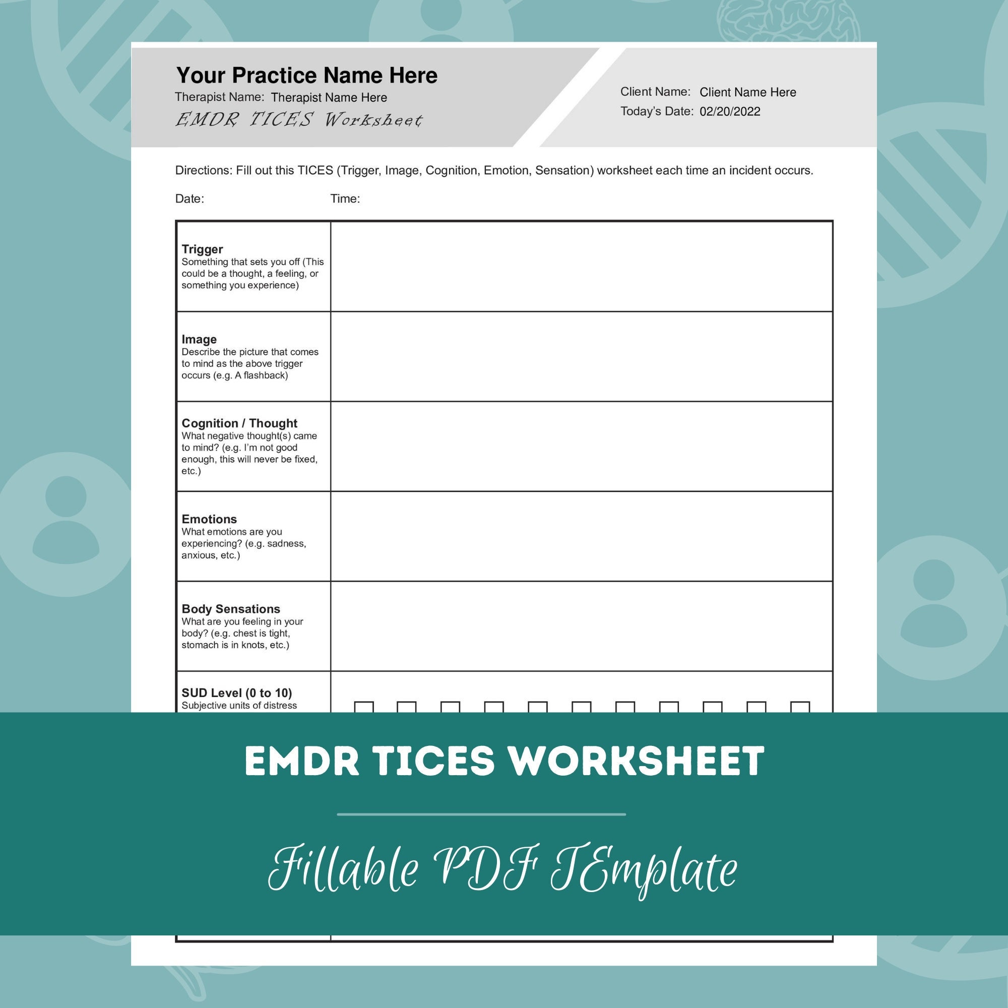 EMDR TICES Worksheet | Editable / Fillable PDF Template | for ...