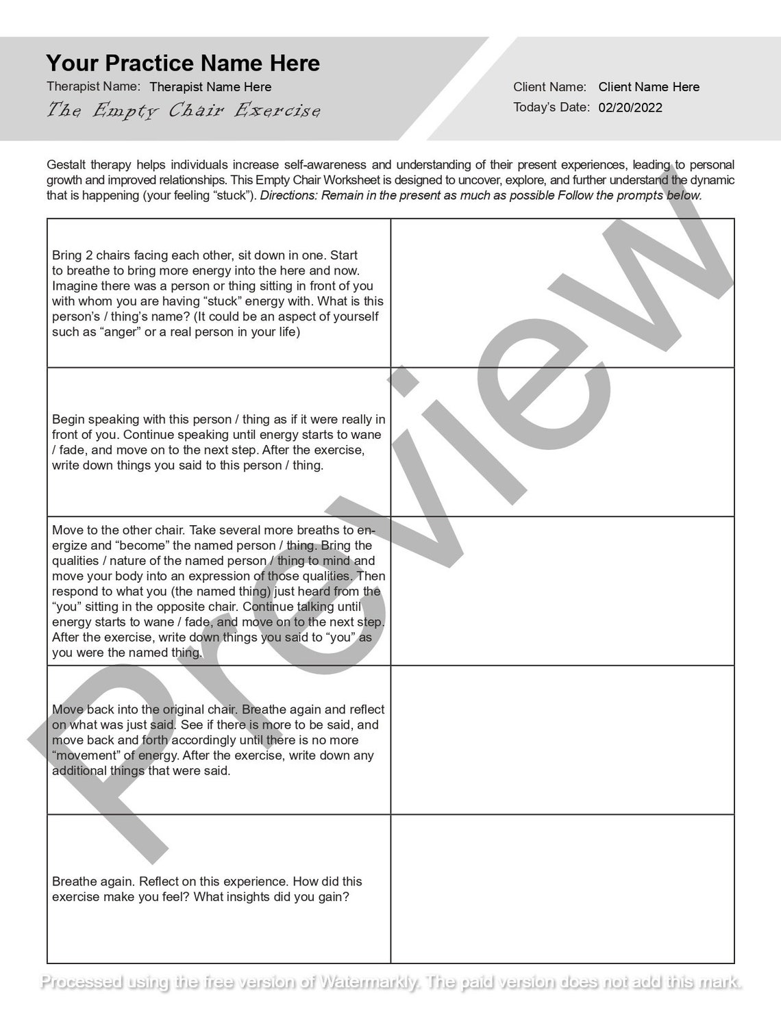 Gestalt Therapy Empty Chair Exercise Worksheet | Editable / Fillable ...
