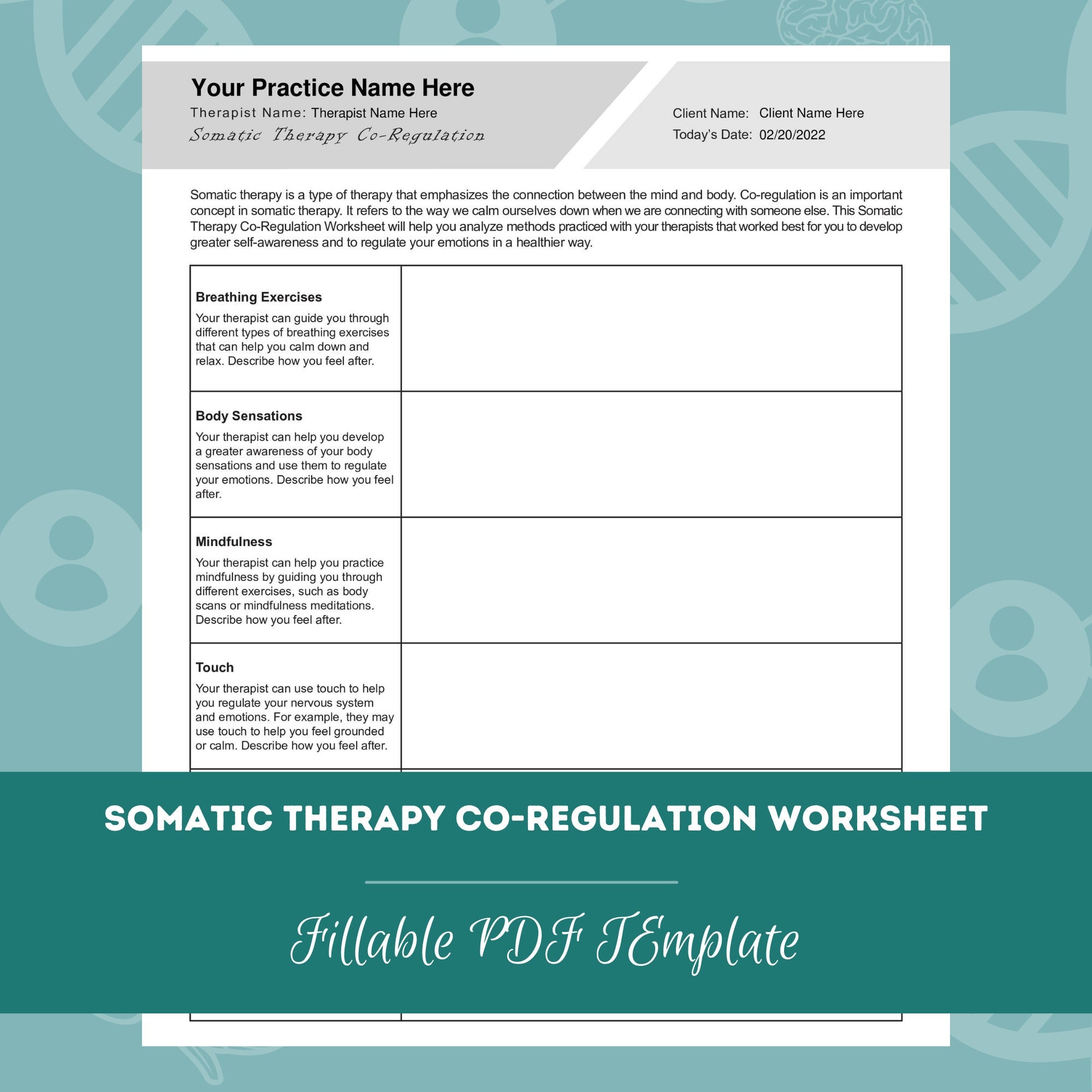 Somatic Therapy Co-regulation Worksheet | Editable / Fillable PDF ...
