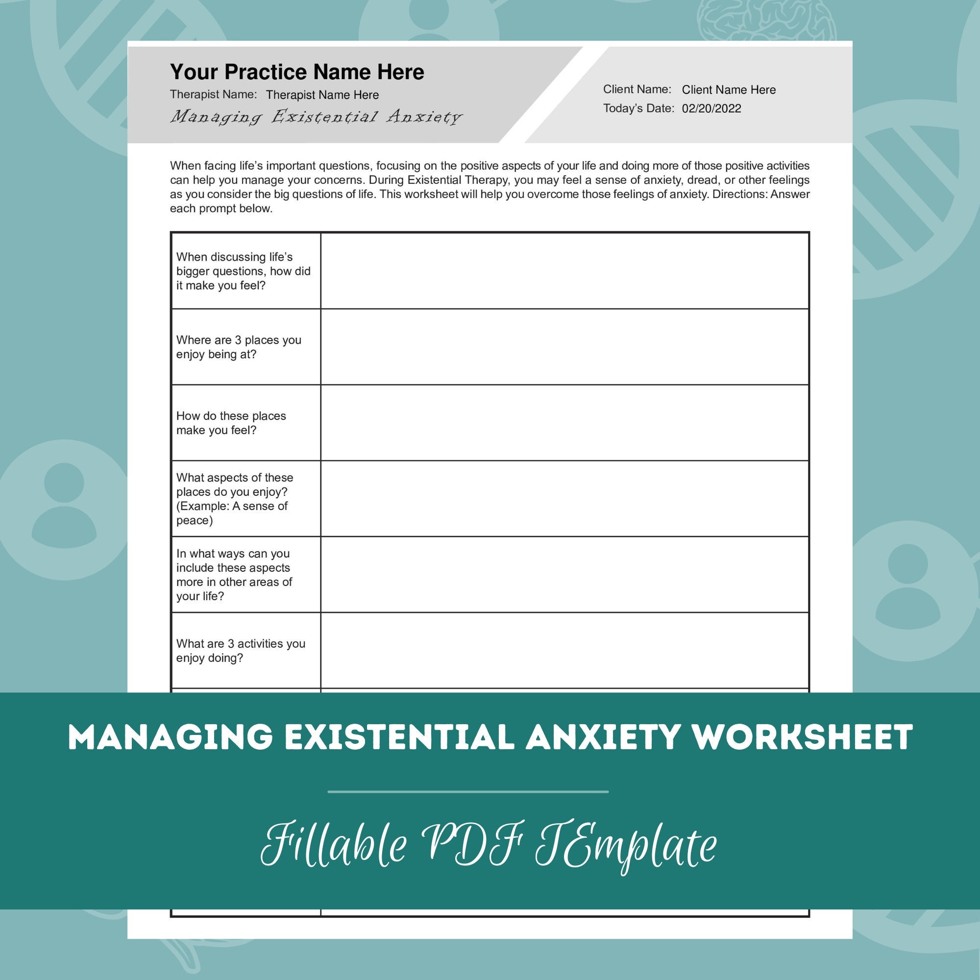Existential Therapy Managing Existential Anxiety Worksheet | Editable ...