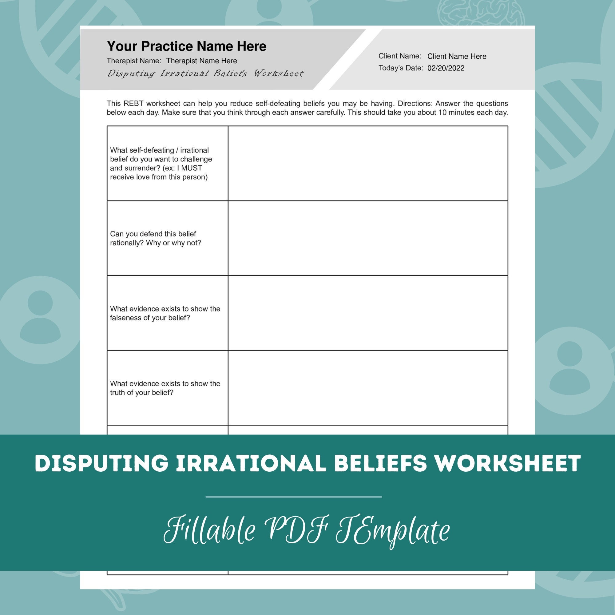 Disputing Irrational Beliefs Worksheet PDF | Editable / Fillable PDF Template | for Counselors ...