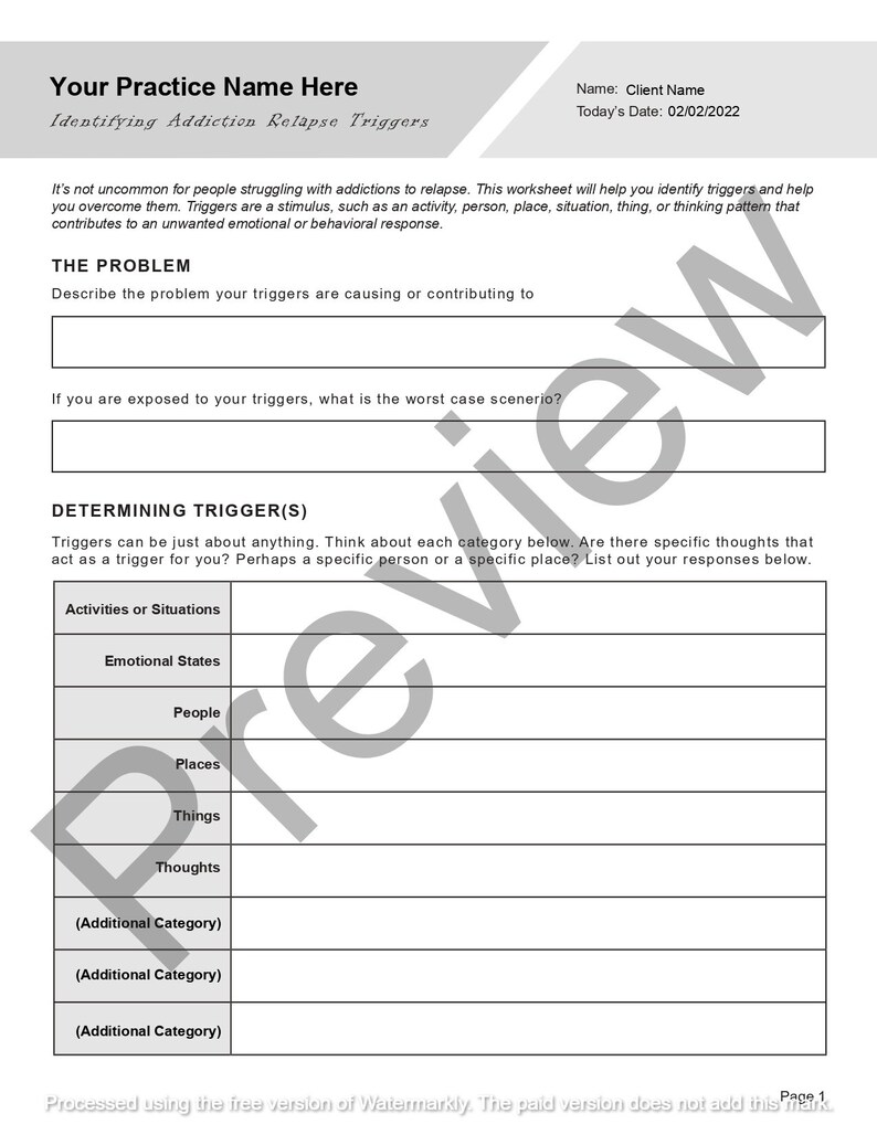 Addiction Relapse Triggers Worksheet | Editable / Fillable PDF | for ...