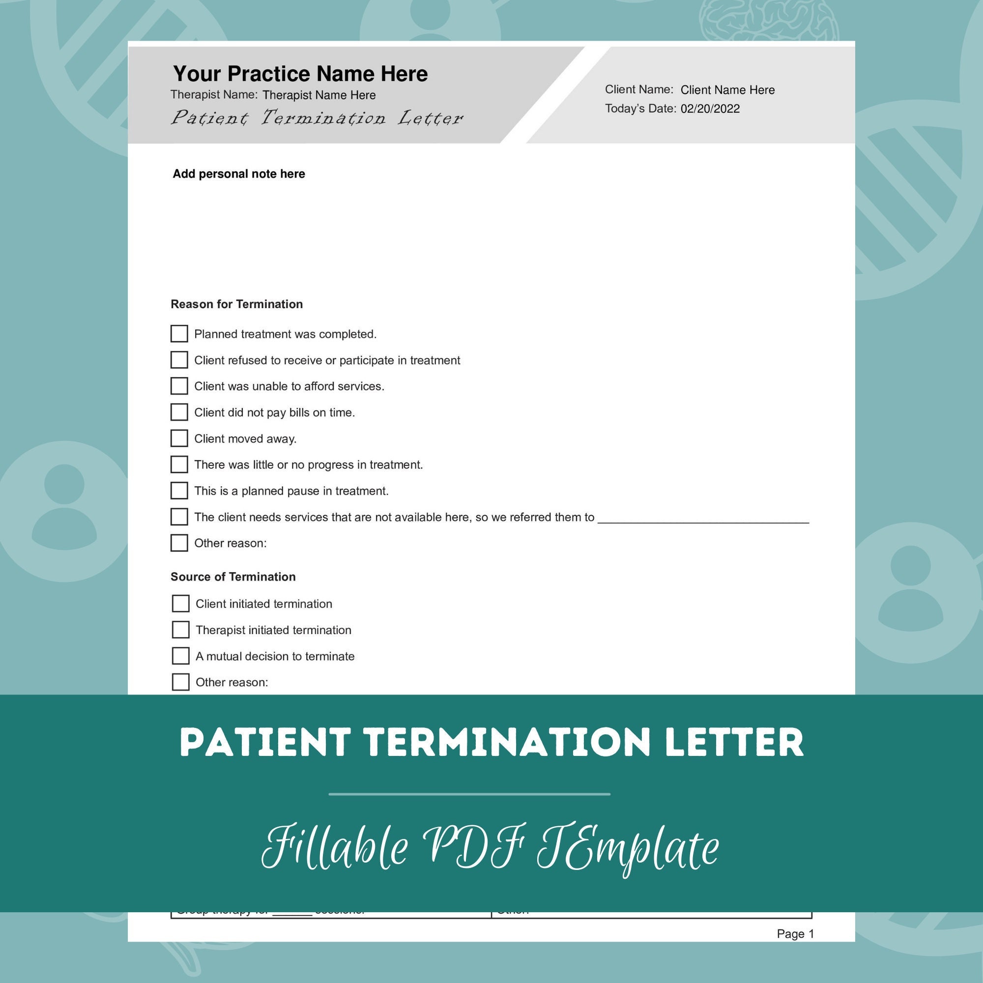 Patient Termination Letter | Editable / Fillable PDF | for Counselors ...