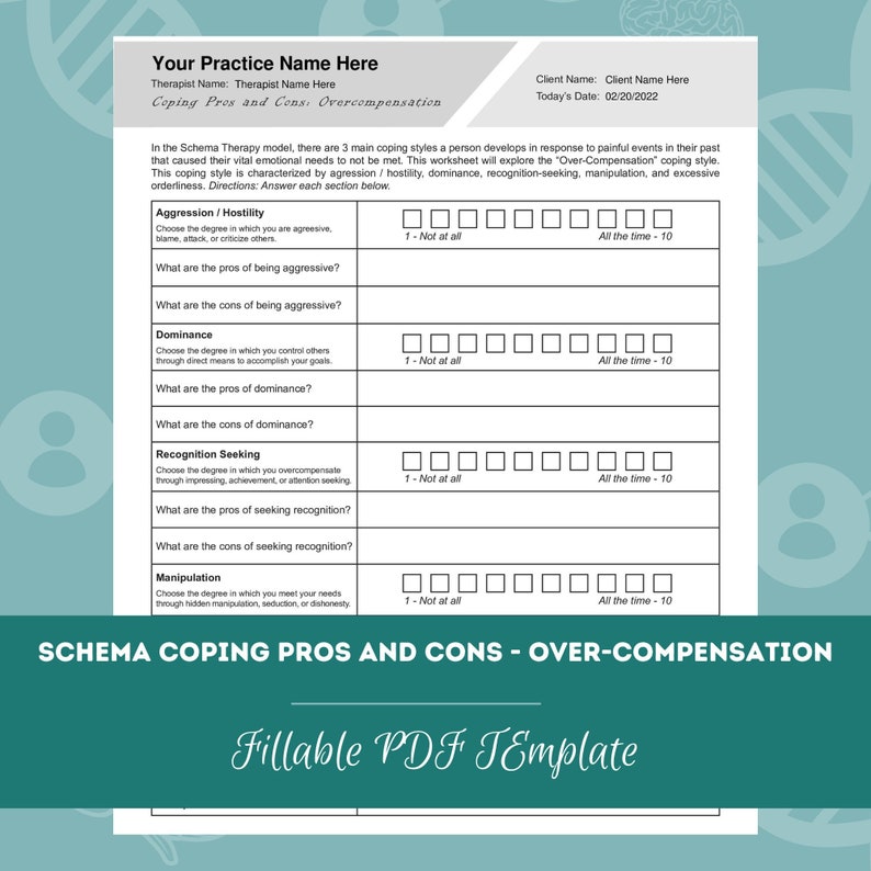 Schema Coping Pros and Cons - Over-compensation | Editable / Fillable ...