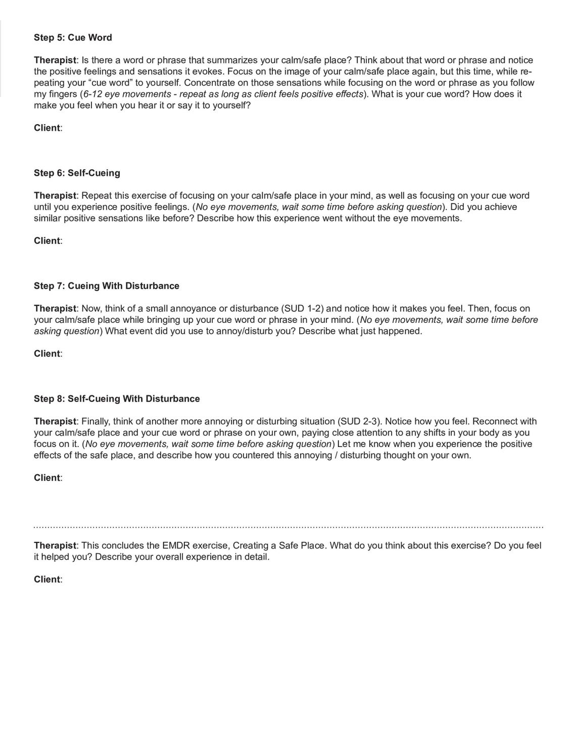 EMDR Creating a Safe Place Script Worksheet | Fillable PDF | Counselors ...