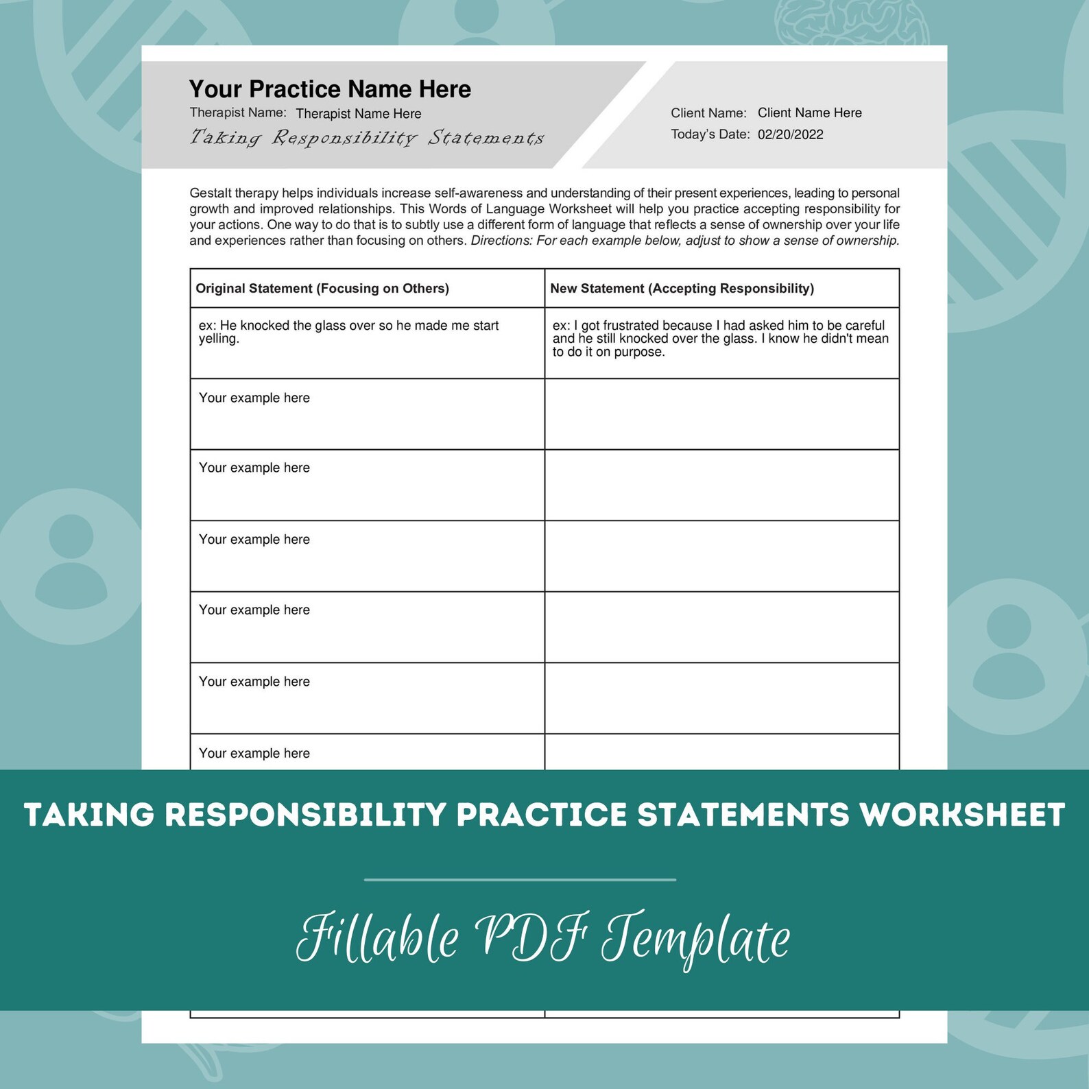 Gestalt Therapy Taking Responsibility Practice Worksheet | Editable ...