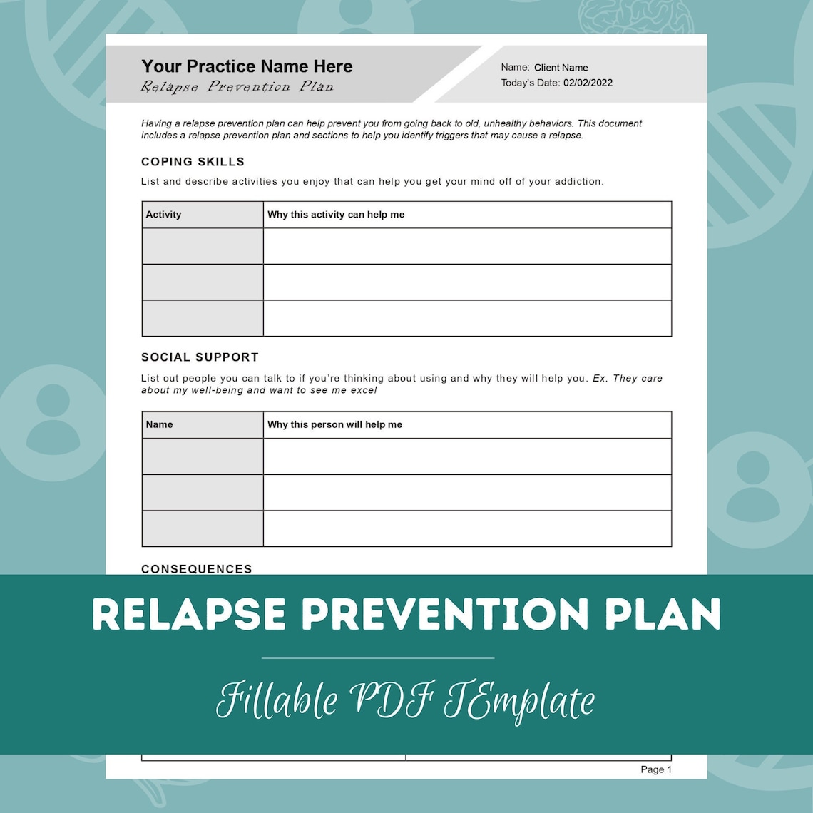Relapse Prevention Plan Worksheet | Editable / Fillable PDF | for ...