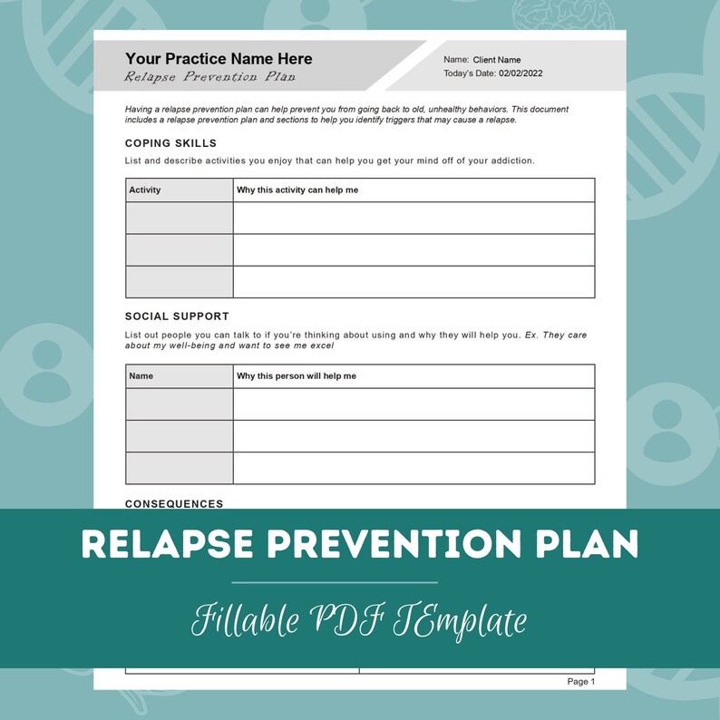 Relapse Prevention Plan Worksheet Editable Fillable PDF For