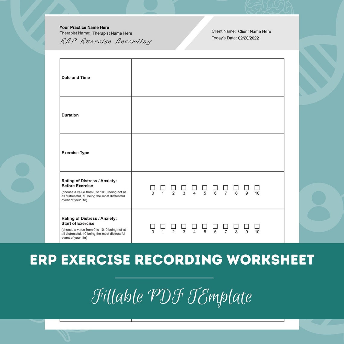ERP Exercise Recording Worksheet | Editable / Fillable PDF Template ...