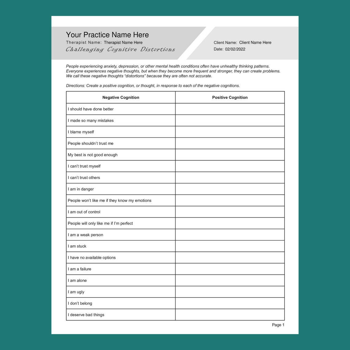 CBT: Challenging Cognitive Distortion Worksheets Editable / | Etsy