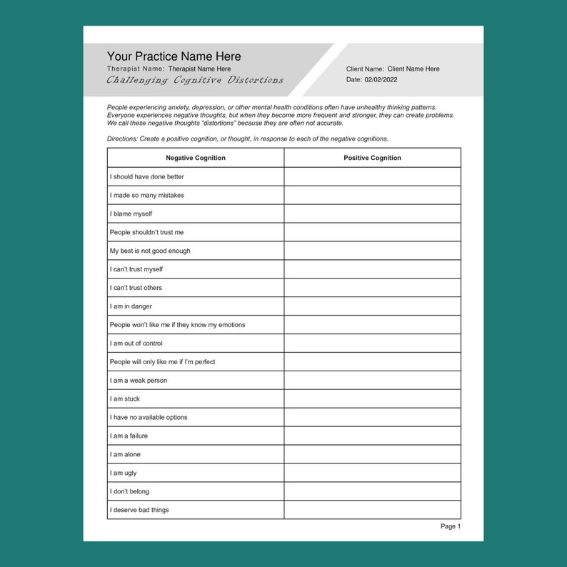 CBT: Challenging Cognitive Distortion Worksheets | Editable / Fillable ...
