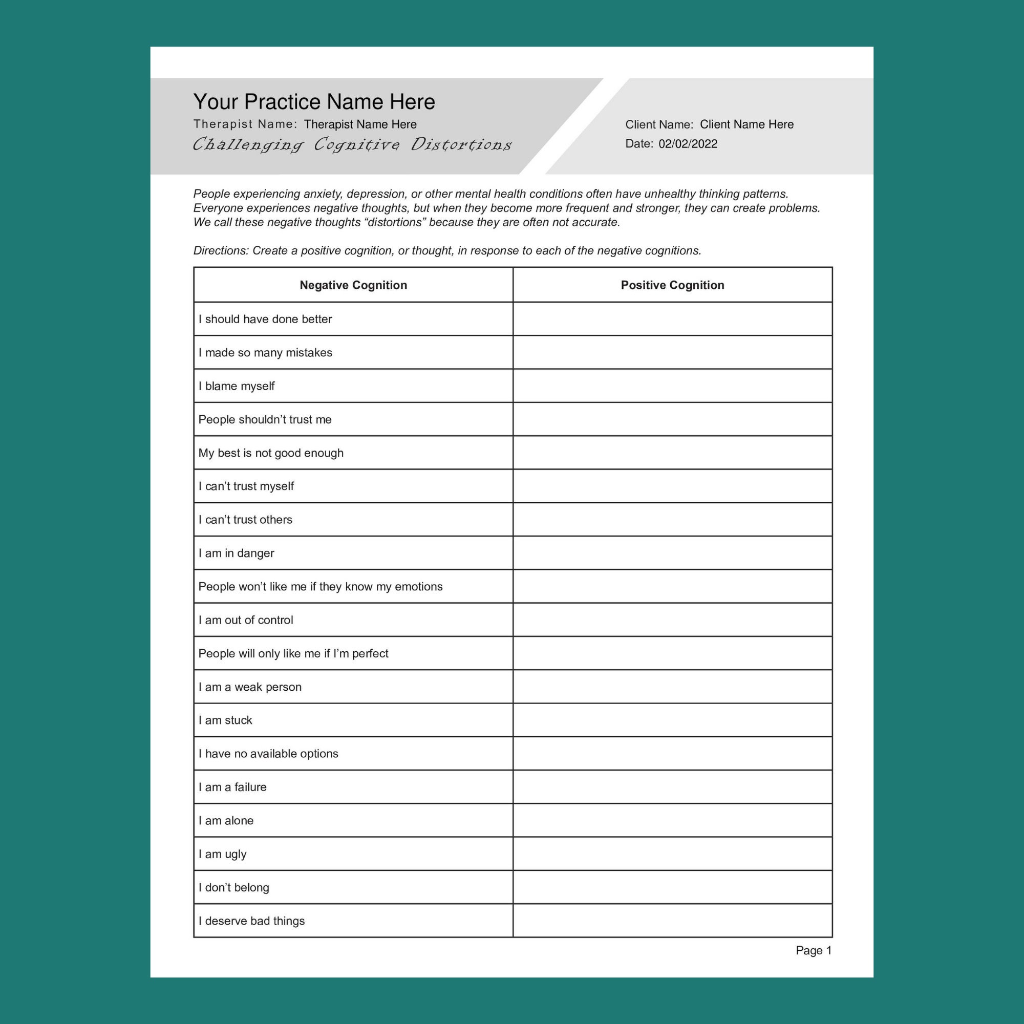 CBT: Challenging Cognitive Distortion Worksheets | Editable / Fillable ...