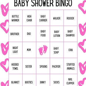 Pink Heart Baby Shower Bingo - Etsy