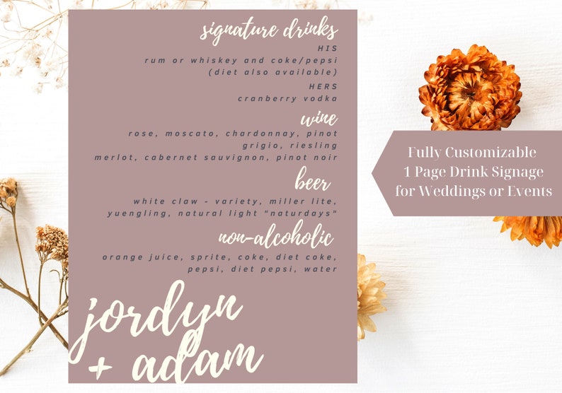 Modern Wedding Drink List Sign, Digital File, Editable and Customizable ...