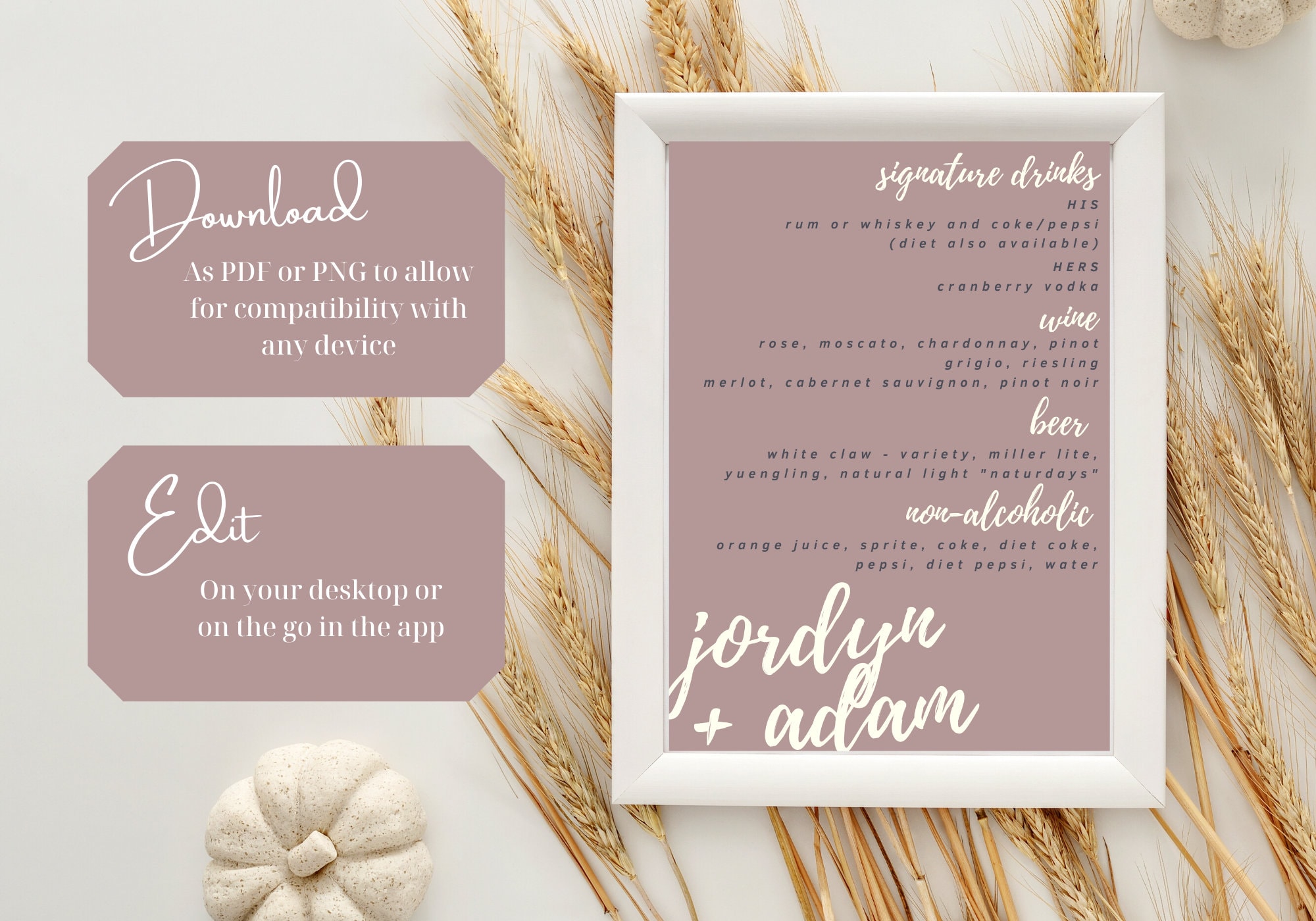 Modern Wedding Drink List Sign, Digital File, Editable and Customizable ...